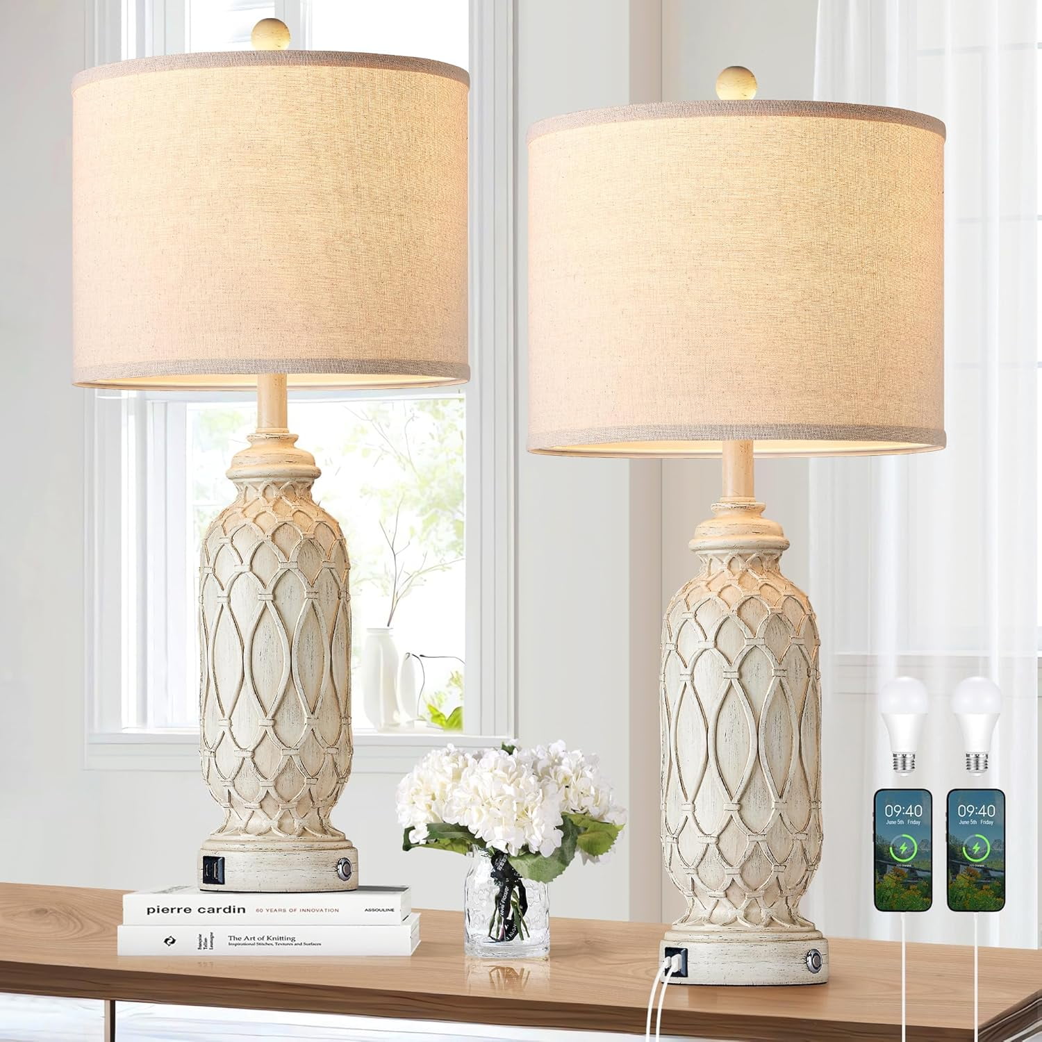 Farmhouse Table Lamps for Bedroom Set of 2, 28" Rustic Bedside Lamp ...