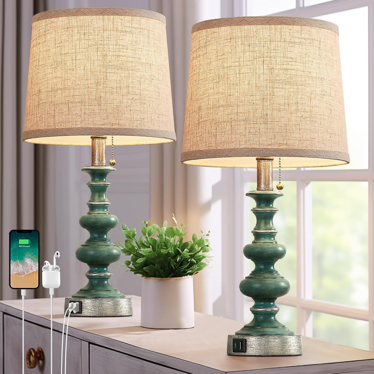 Farmhouse Table Lamps for Bedroom Set of 2 Rustic Bedside Lamps for ...