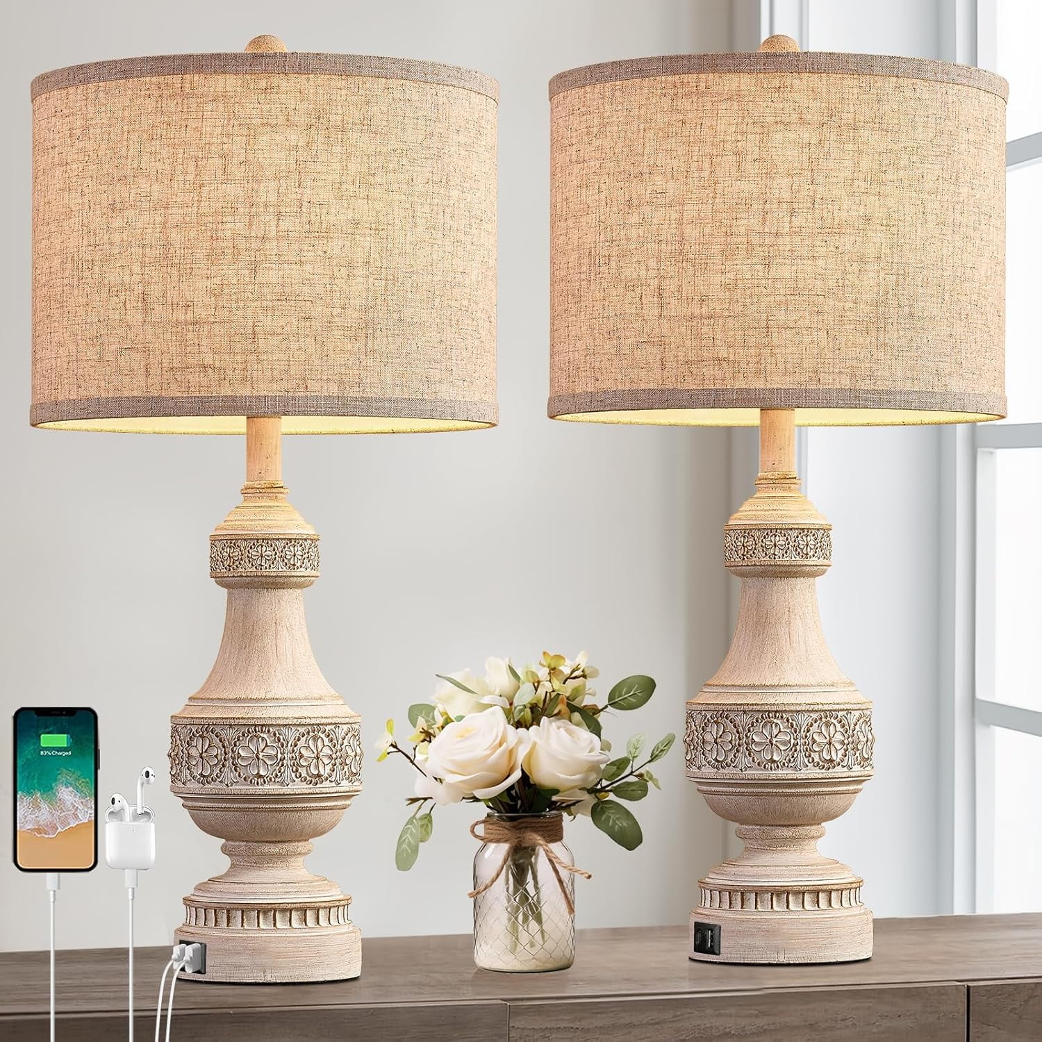 Farmhouse Table Lamps Set of 2, 27.5" Rustic Bedside Lamps with USB A/C ...
