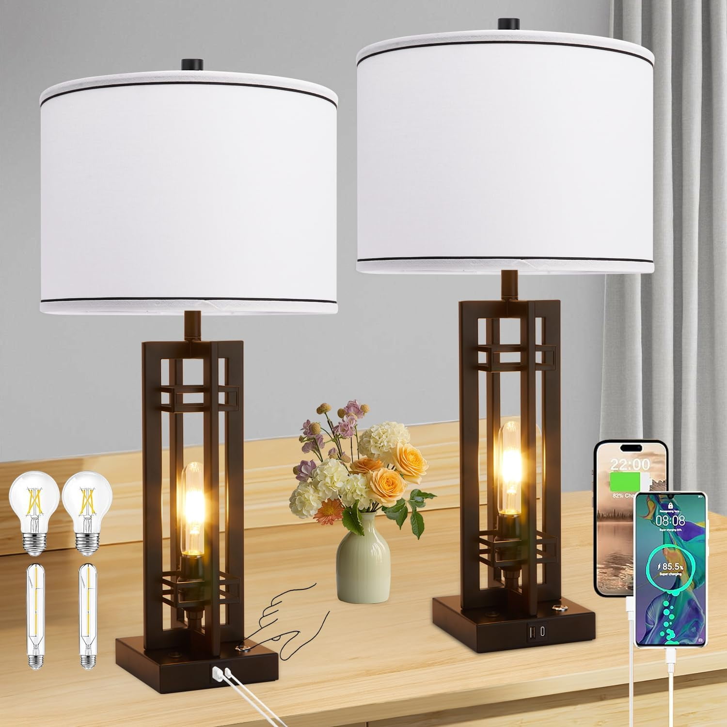 Farmhouse Table Lamps Set of 2-27" Tall Living Room Lamps with USB-C ...