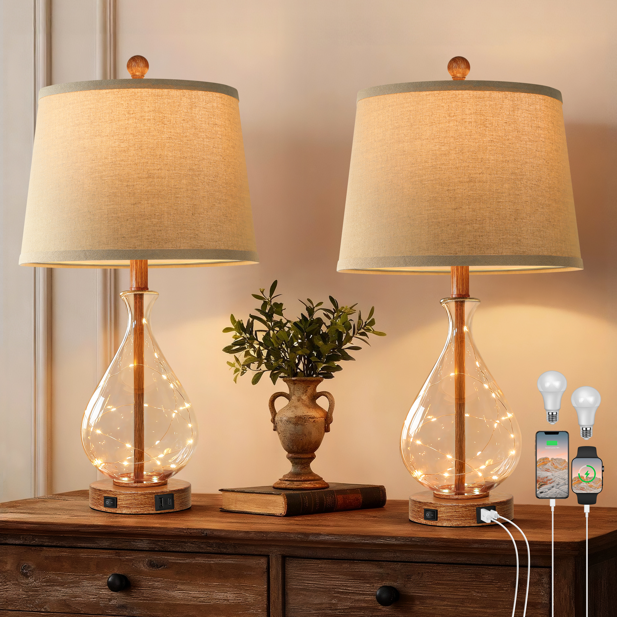 Farmhouse Table Lamps Set of 2 with Night Light, Mid Century Modern ...