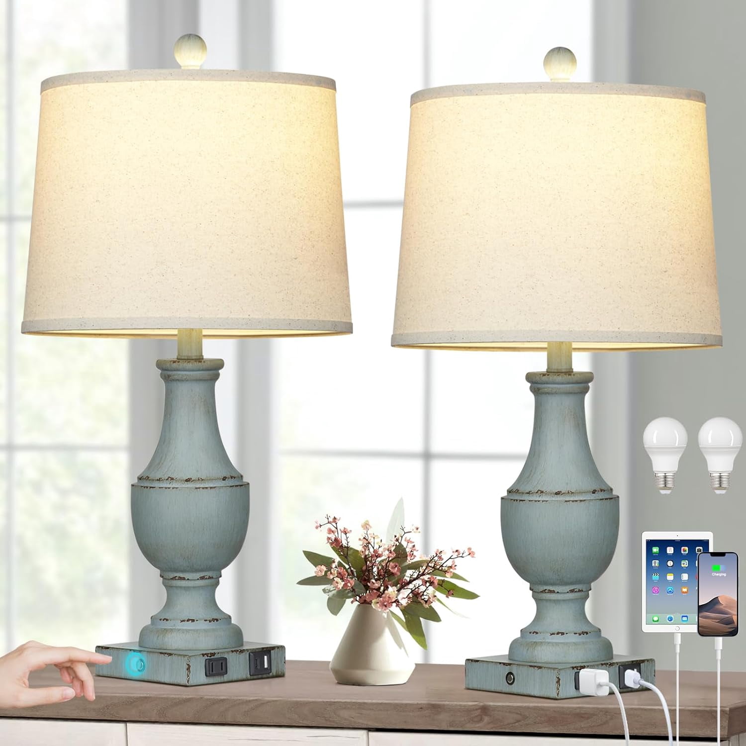 Farmhouse Table Lamps Set of 2, Rustic Touch Control Bedside Lamps with ...