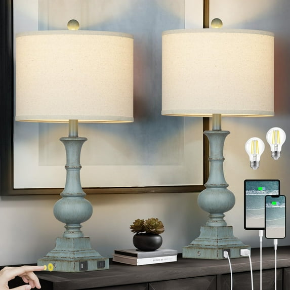 Farmhouse Table Lamps Set of 2, Rustic Touch Control Bedside Lamps with ...