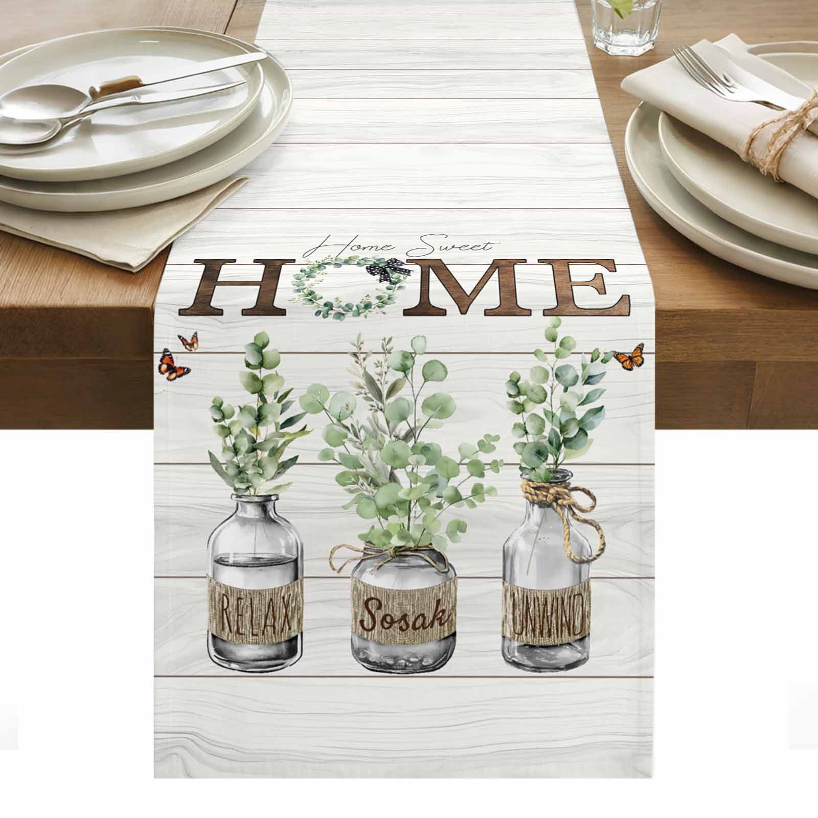 Farmhouse Table Runner 13 x 72 Inch, Home Sweet Home Green Eucalyptus ...
