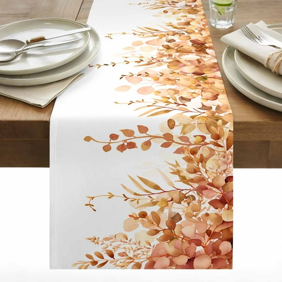 Farmhouse Table Runner 13x108 inch Watercolor Orange Eucalyptus Leaves ...