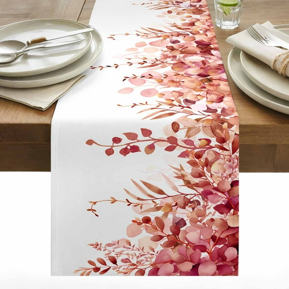 Farmhouse Table Runner 13x60 inch Watercolor Red Eucalyptus Leaves ...