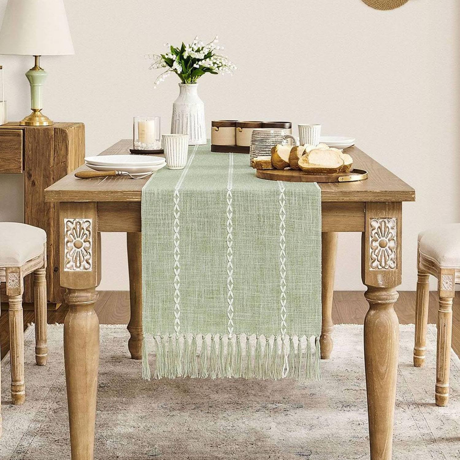 Farmhouse Table Runner 72 Inch Long, Linen Blend Braided Striped Table ...