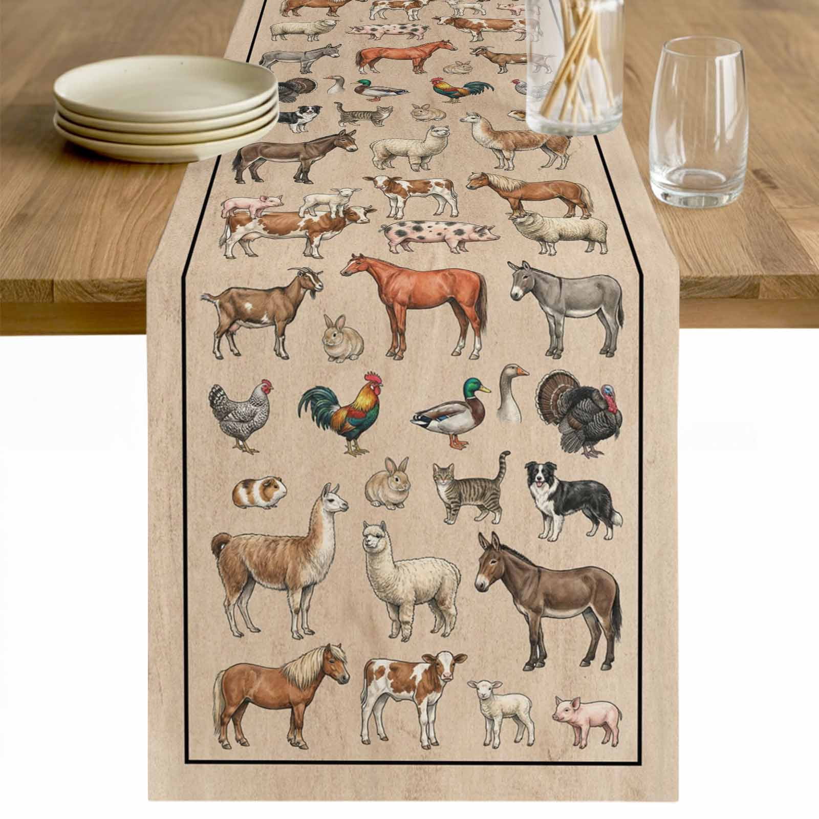Farmhouse Table Runner - 72 Inch Long Vintage Country Farm Animals ...