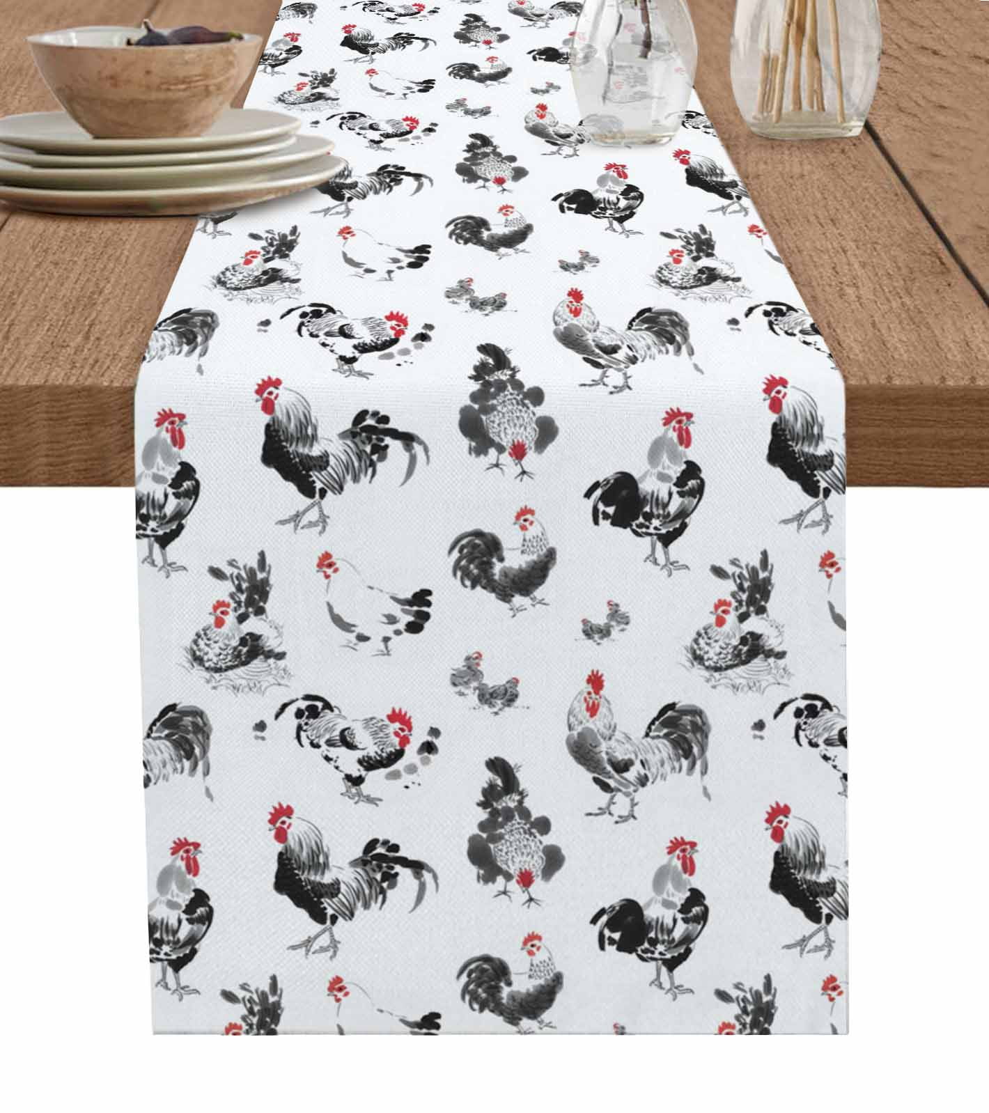 Farmhouse Table Runner 72 Inches, Watercolor Chicken Country Bird ...