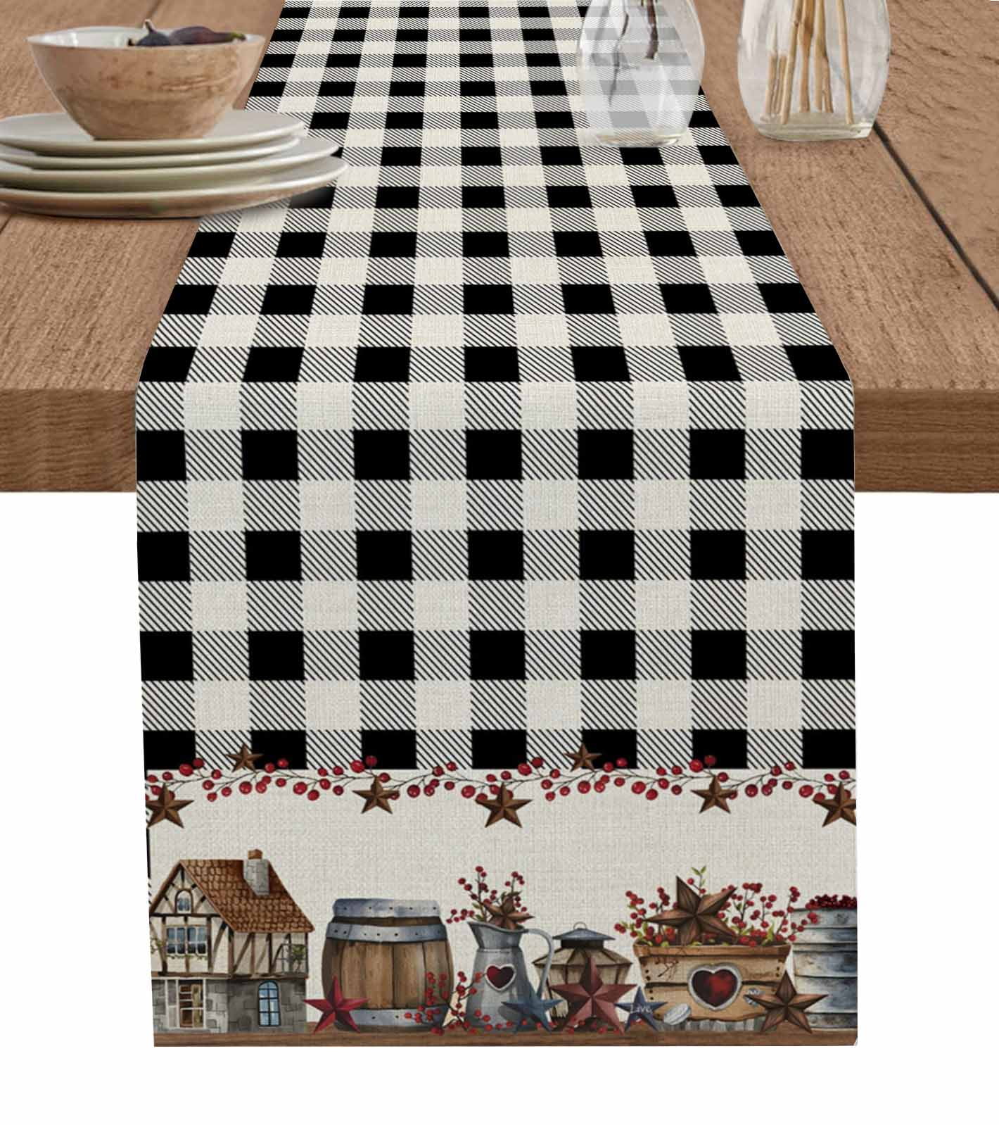 Farmhouse Table Runner American Country Star Barn Black Plaid Berry ...