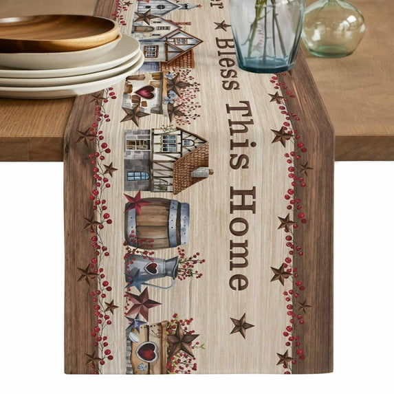 Farmhouse Table Runner, Brown Country Star Berry Vintage Wood Grain ...