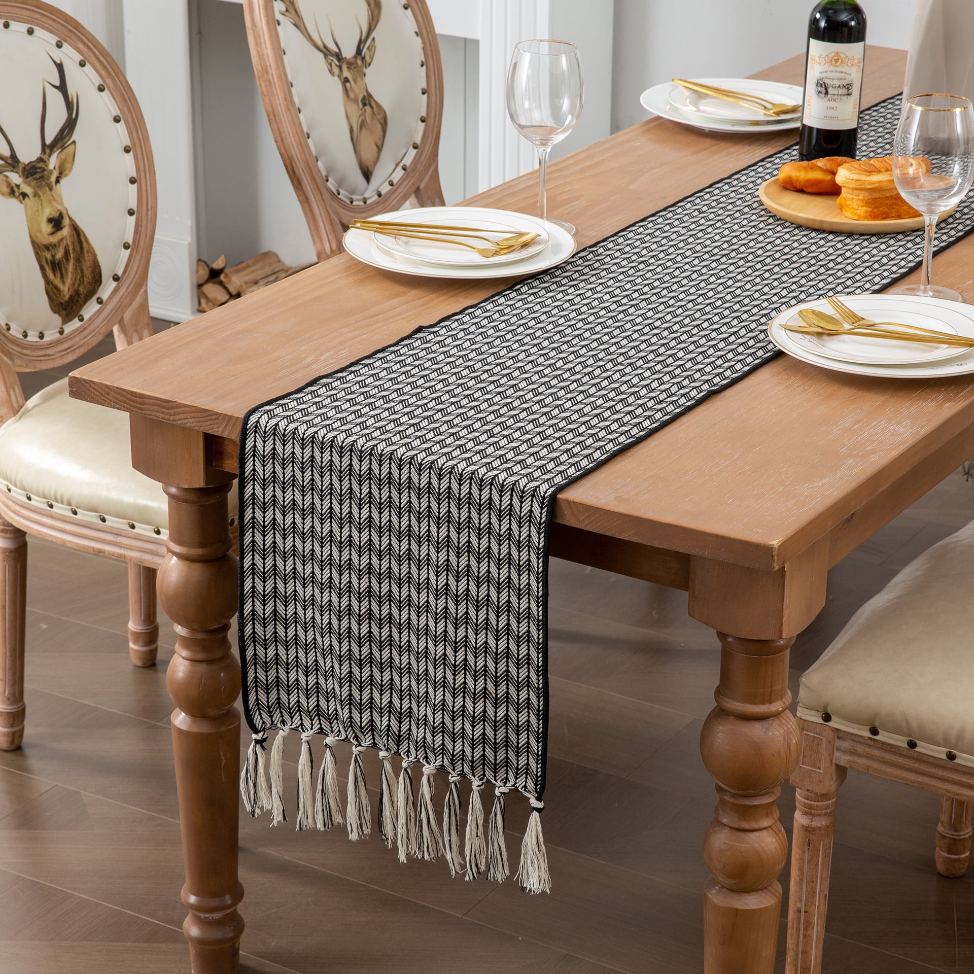 Farmhouse Table Runner Long Woven Table Runners with Handmade Tassels ...