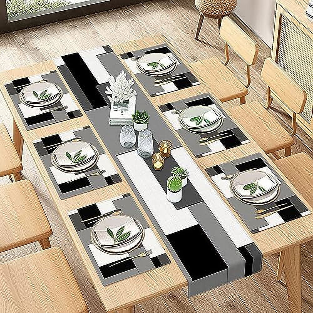 Farmhouse Table Runner and Placemats Set of 6 Abstract Blue and Grey ...
