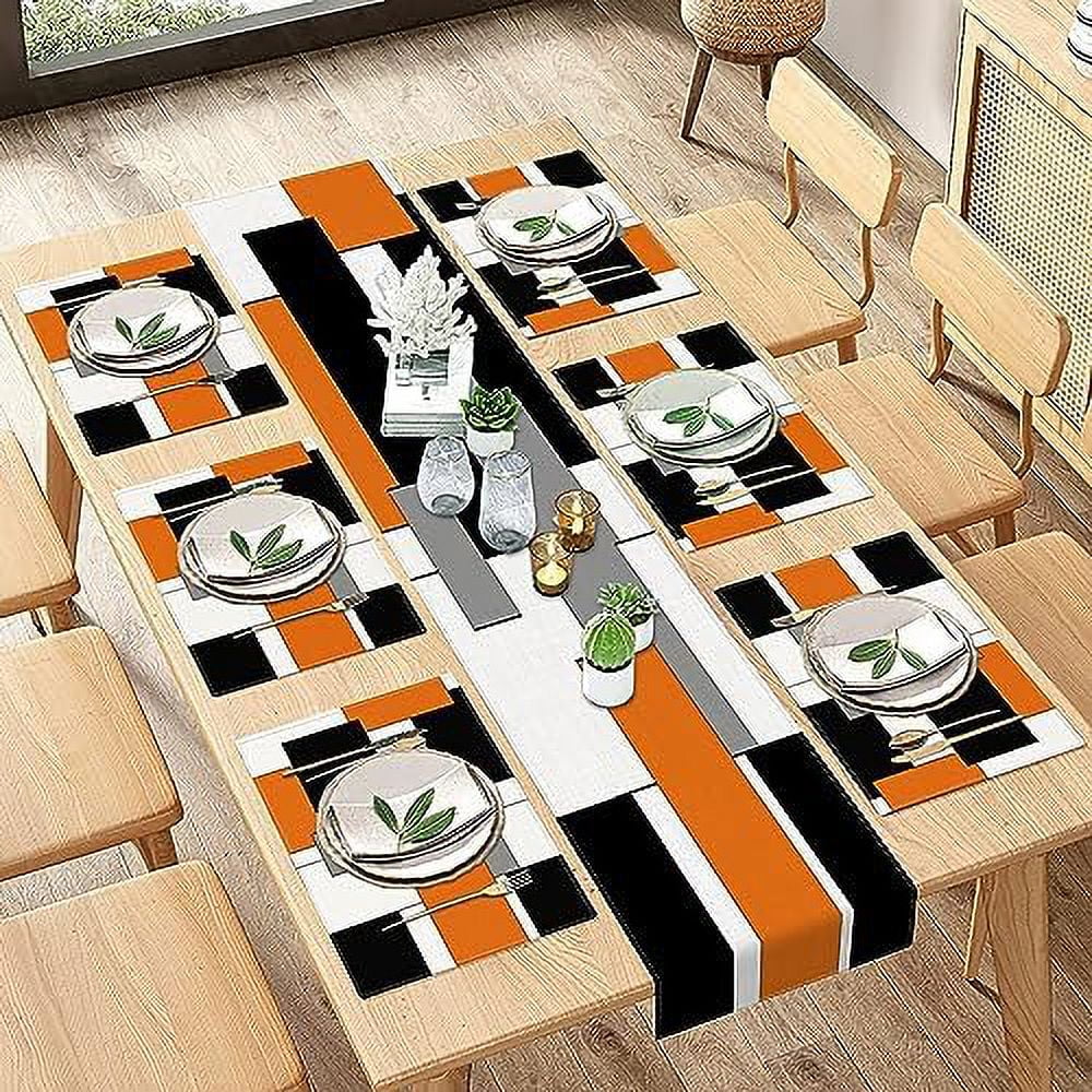 Farmhouse Table Runner and Placemats Set of 6 Abstract Blue and Grey ...