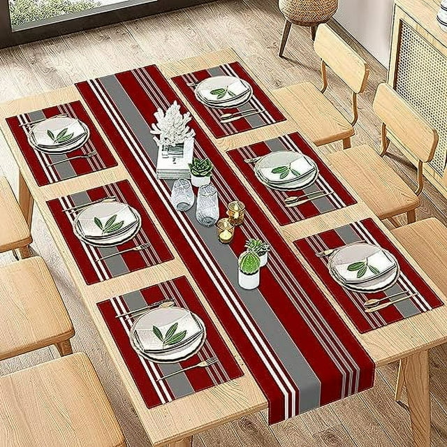 Farmhouse Table Runner and Placemats Set of 6 Abstract Orange Grey ...