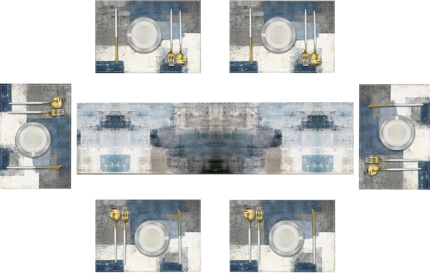 Farmhouse Table Runner and Placemats Set of 6, Cotton-Linen Abstract ...