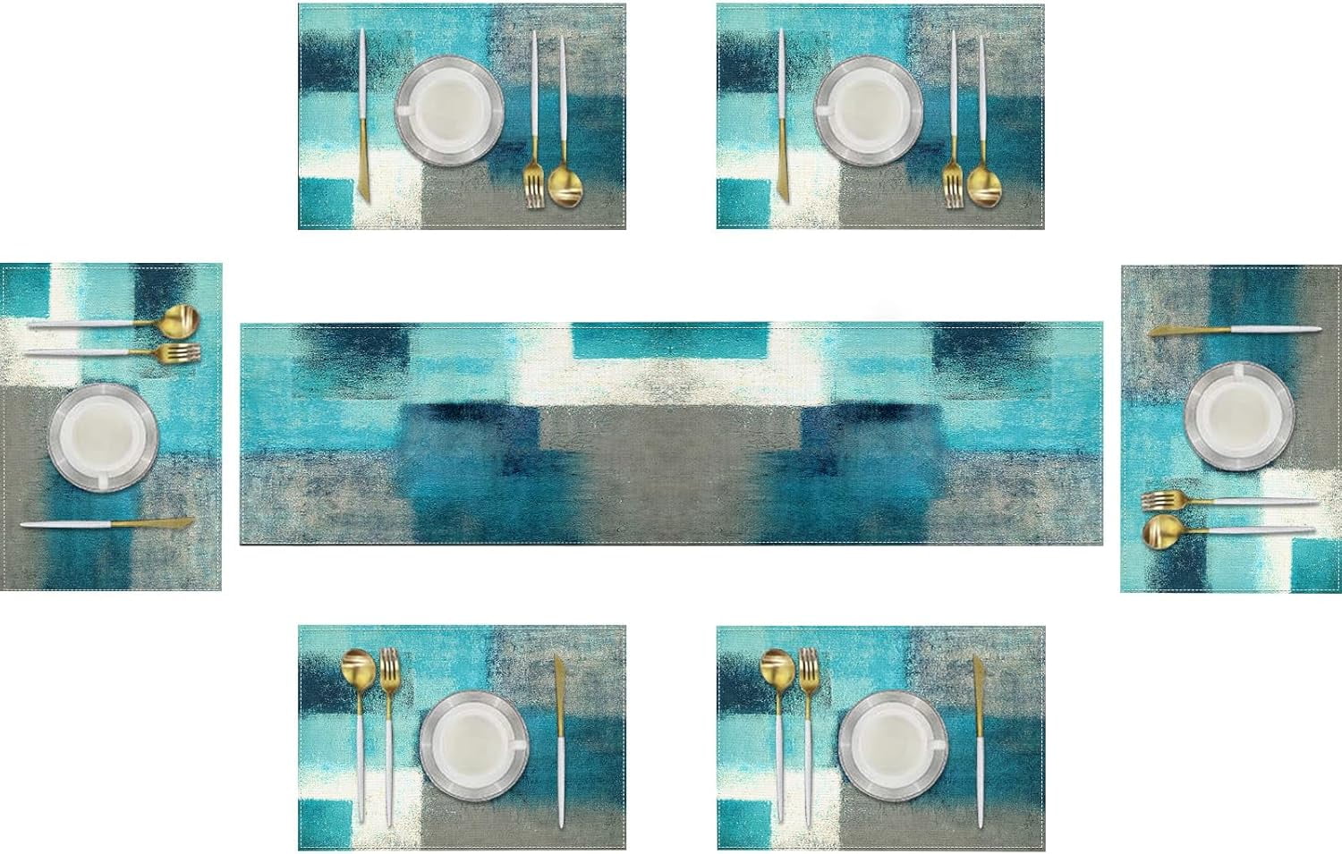 Farmhouse Table Runner and Placemats Set of 6, Cotton-Linen Abstract ...