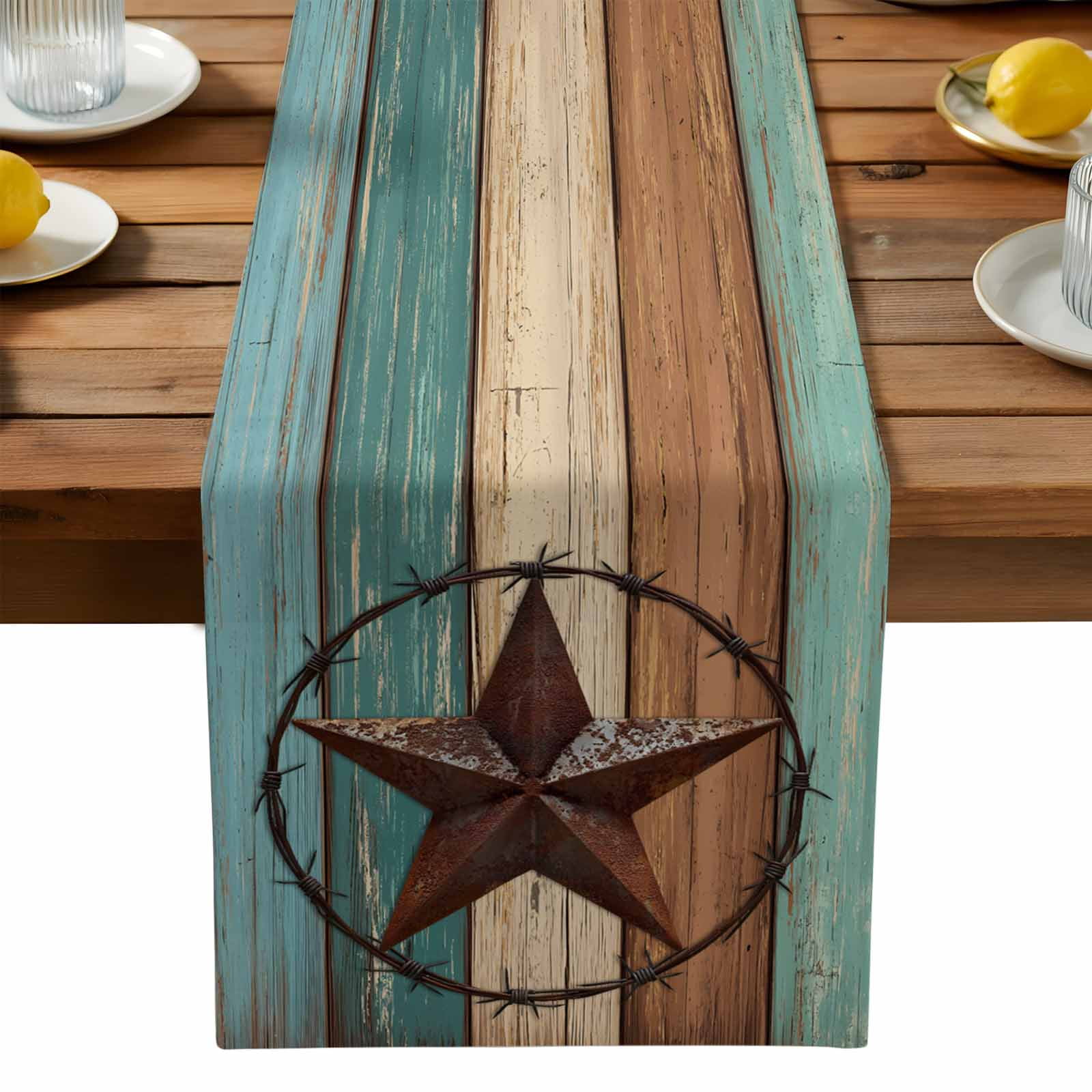 Farmhouse Table Runner, Vintage Wood Texture Barn Star Cotton Linen ...