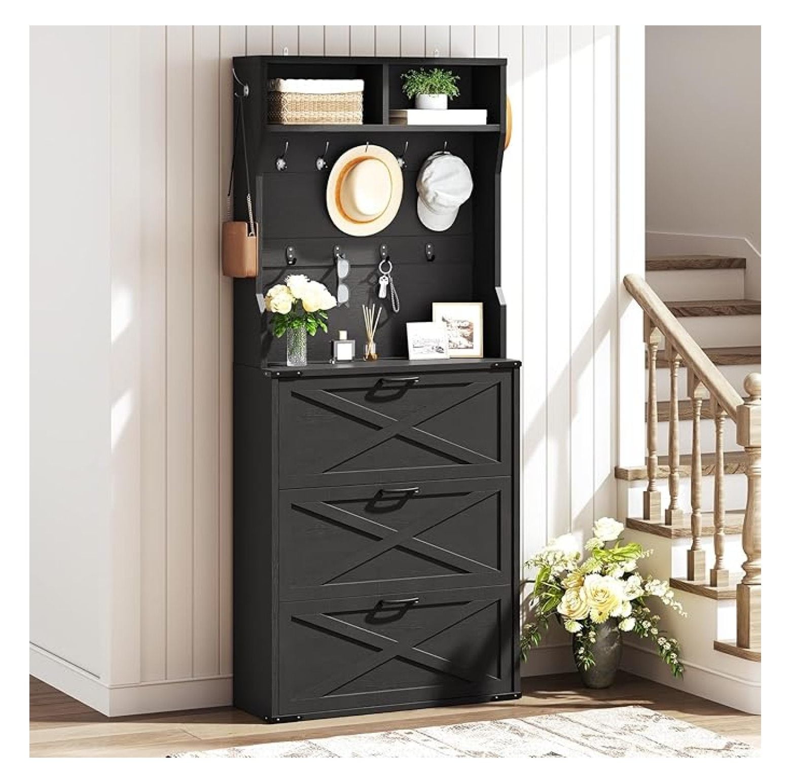 Farmhouse Tall Shoe Cabinet with Coat Rack, Narrow Shoe Storage Cabinet ...