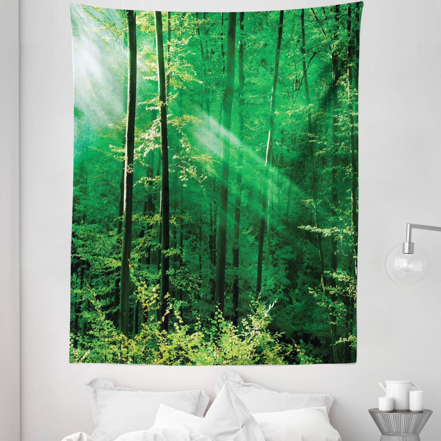 Farmhouse Tapestry, Sun Rays Bursting into the Forest Trees Foliage Misty Morning Serenity ...