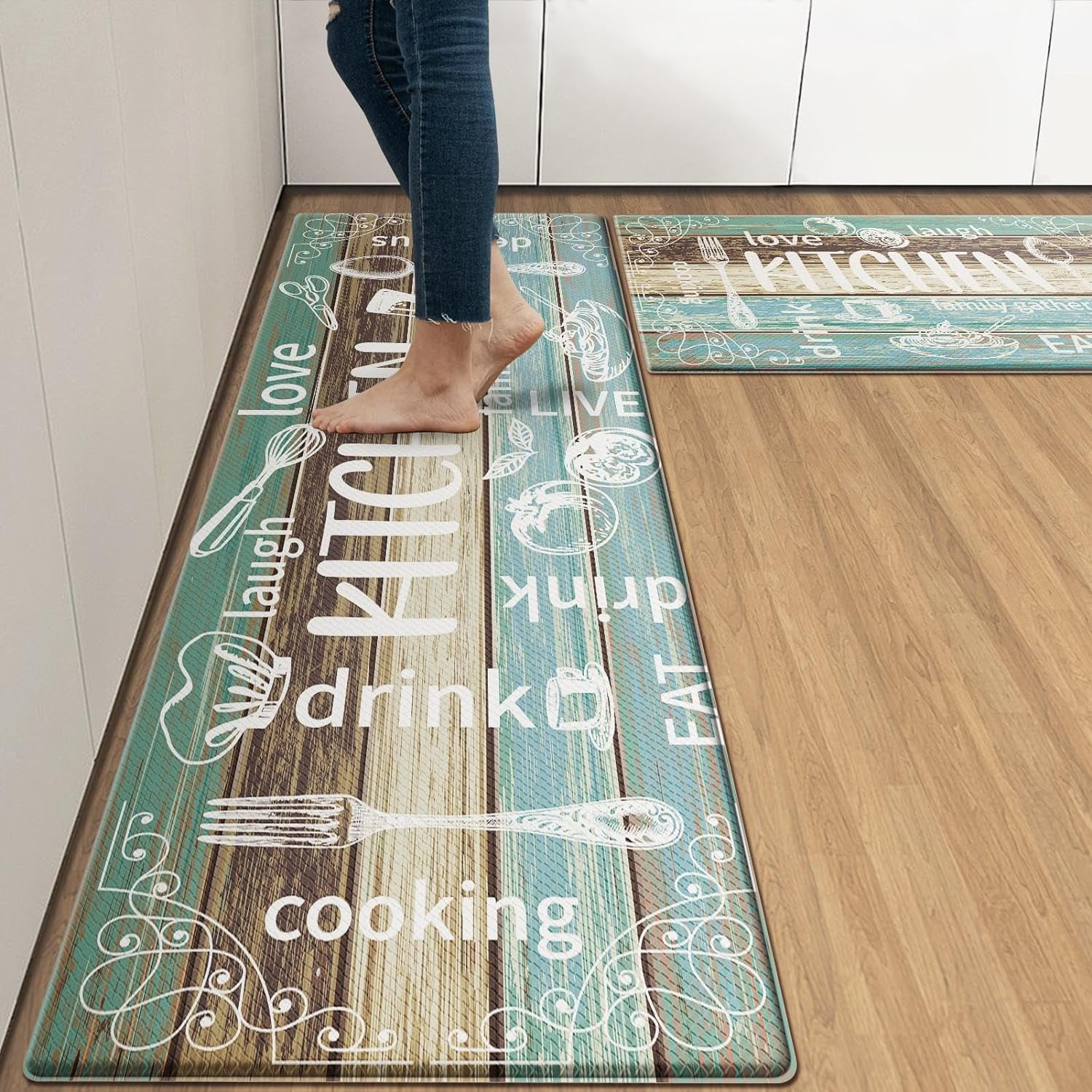 Farmhouse Teal Anti-Fatigue Kitchen Rug Set of 2 Wood Brown Black ...