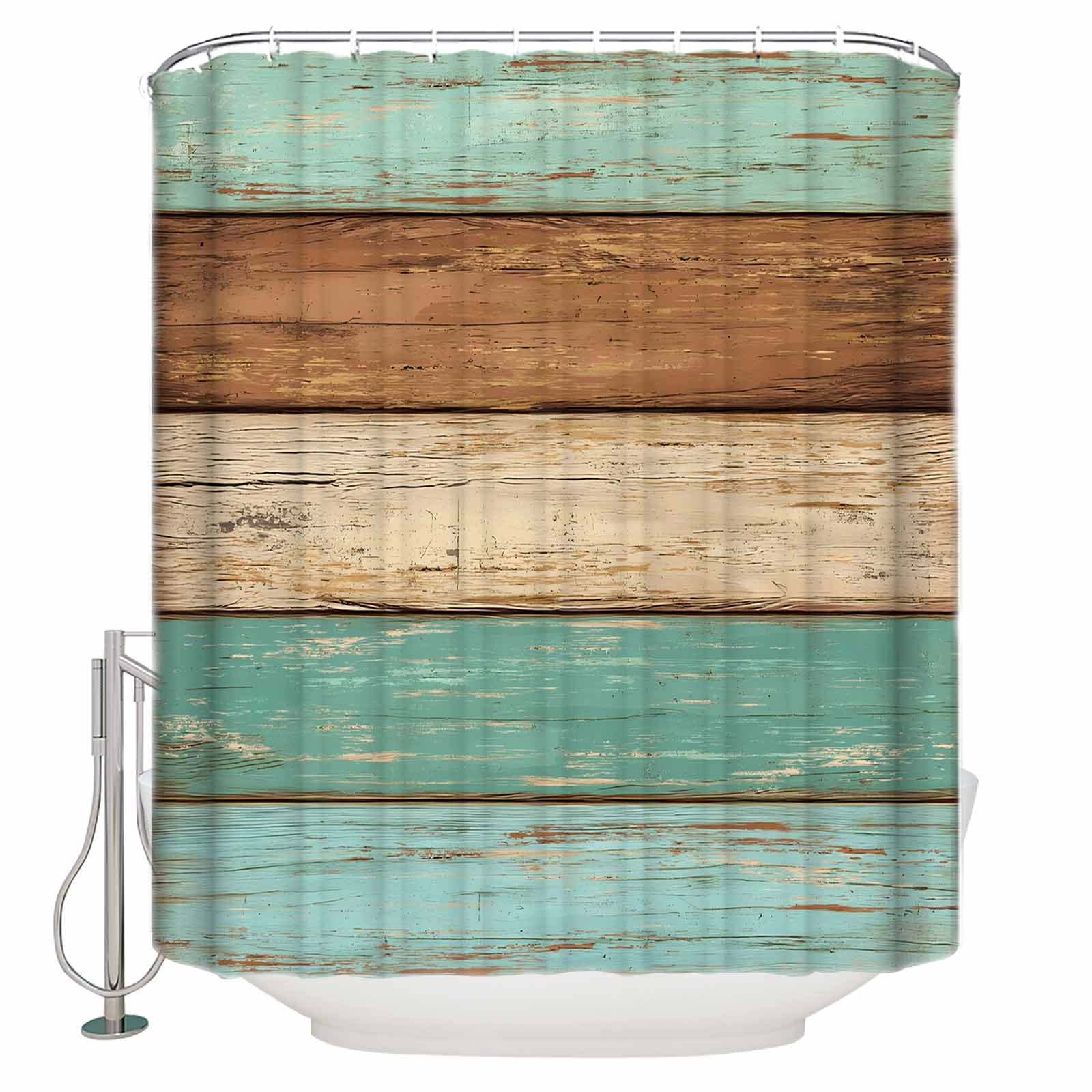Farmhouse Teal Blue Brown Bathroom Shower Curtains with 12 Hooks ...
