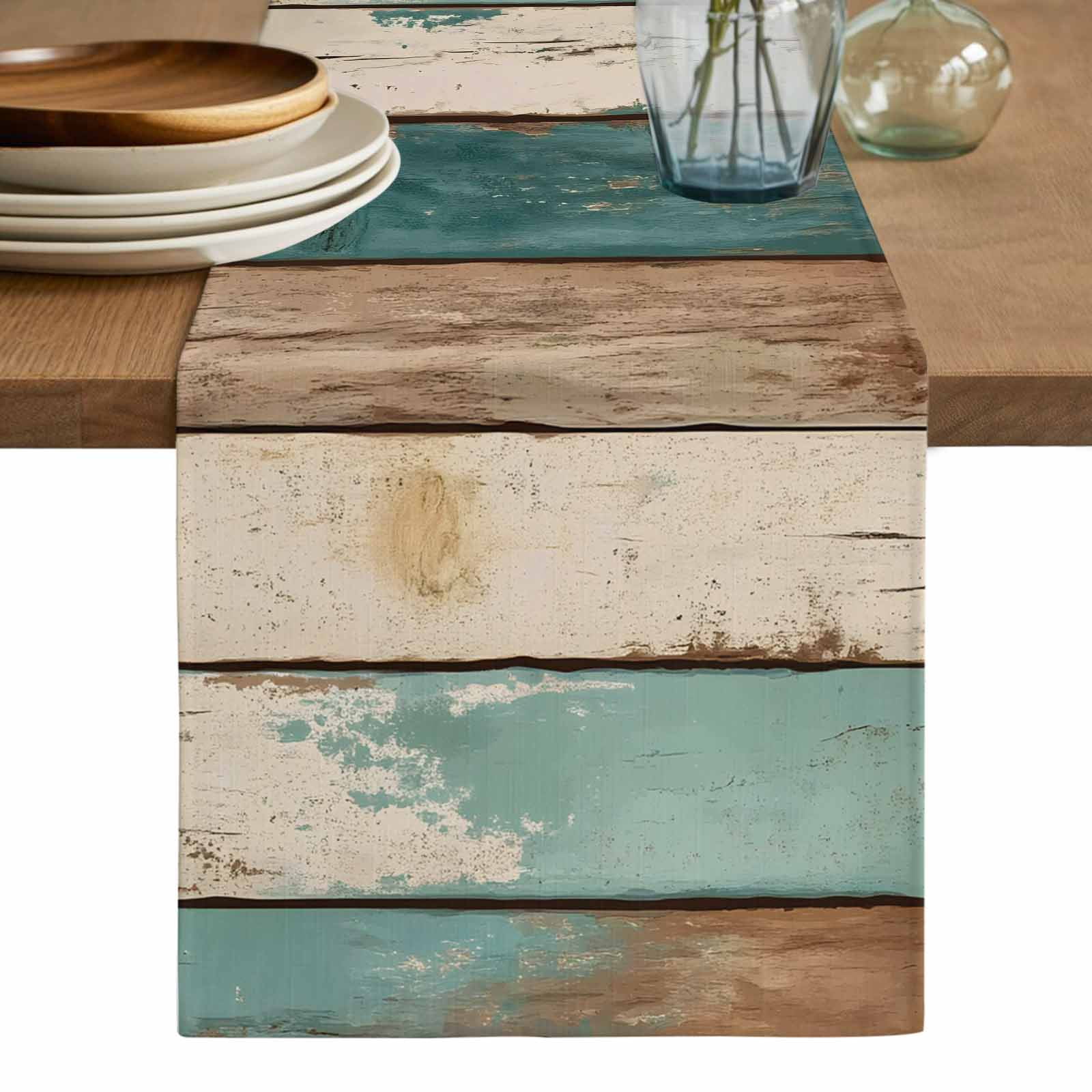 Farmhouse Teal Brown Cotton Linen Table Runner for Dining Kitchen ...