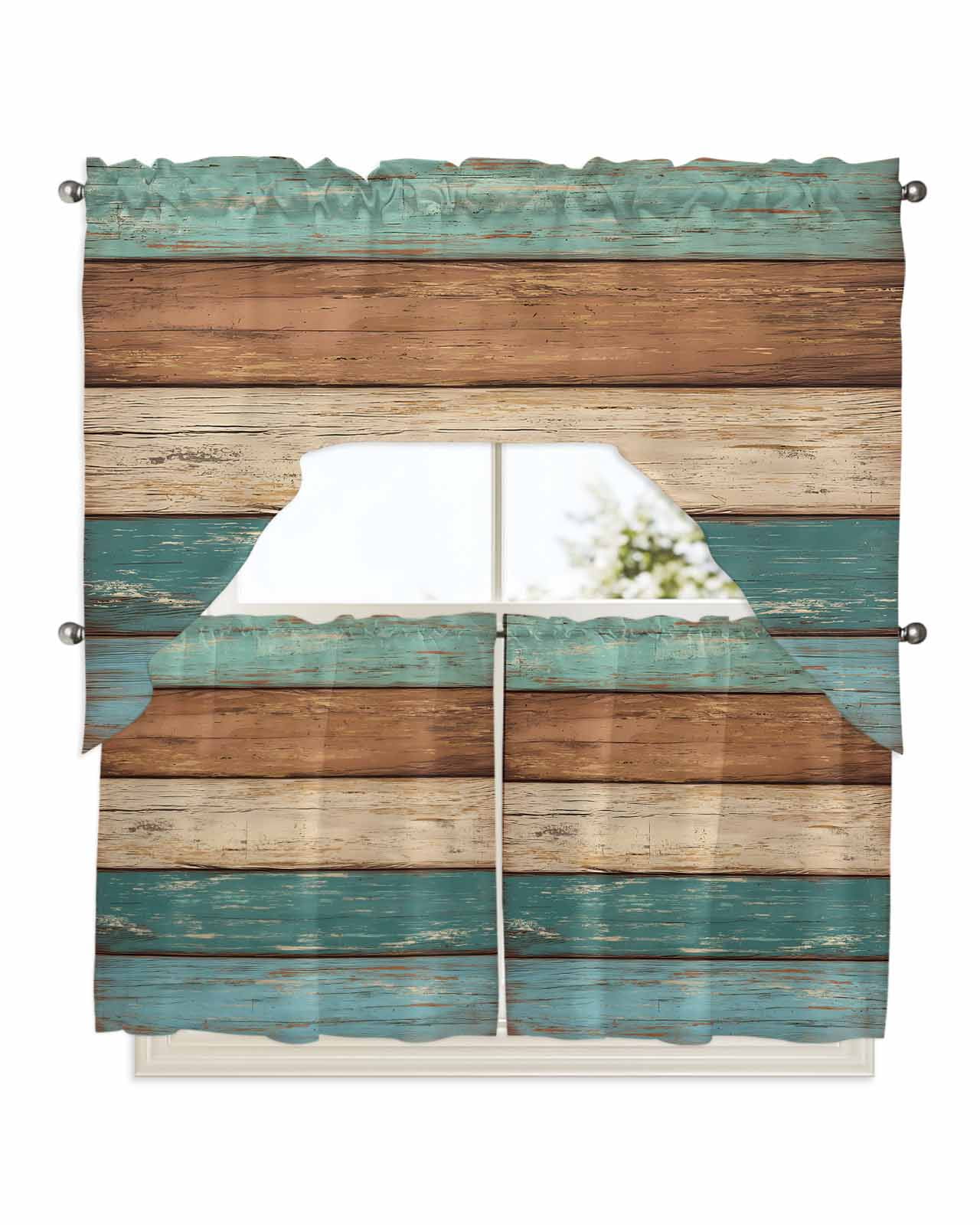 Farmhouse Teal Brown Kitchen Curtain and Valance Set 3 Pieces, Rod ...