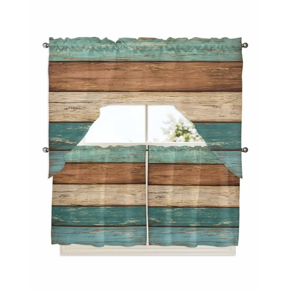 Farmhouse Teal Brown Kitchen Curtain and Valance Set 3 Pieces, Rod ...