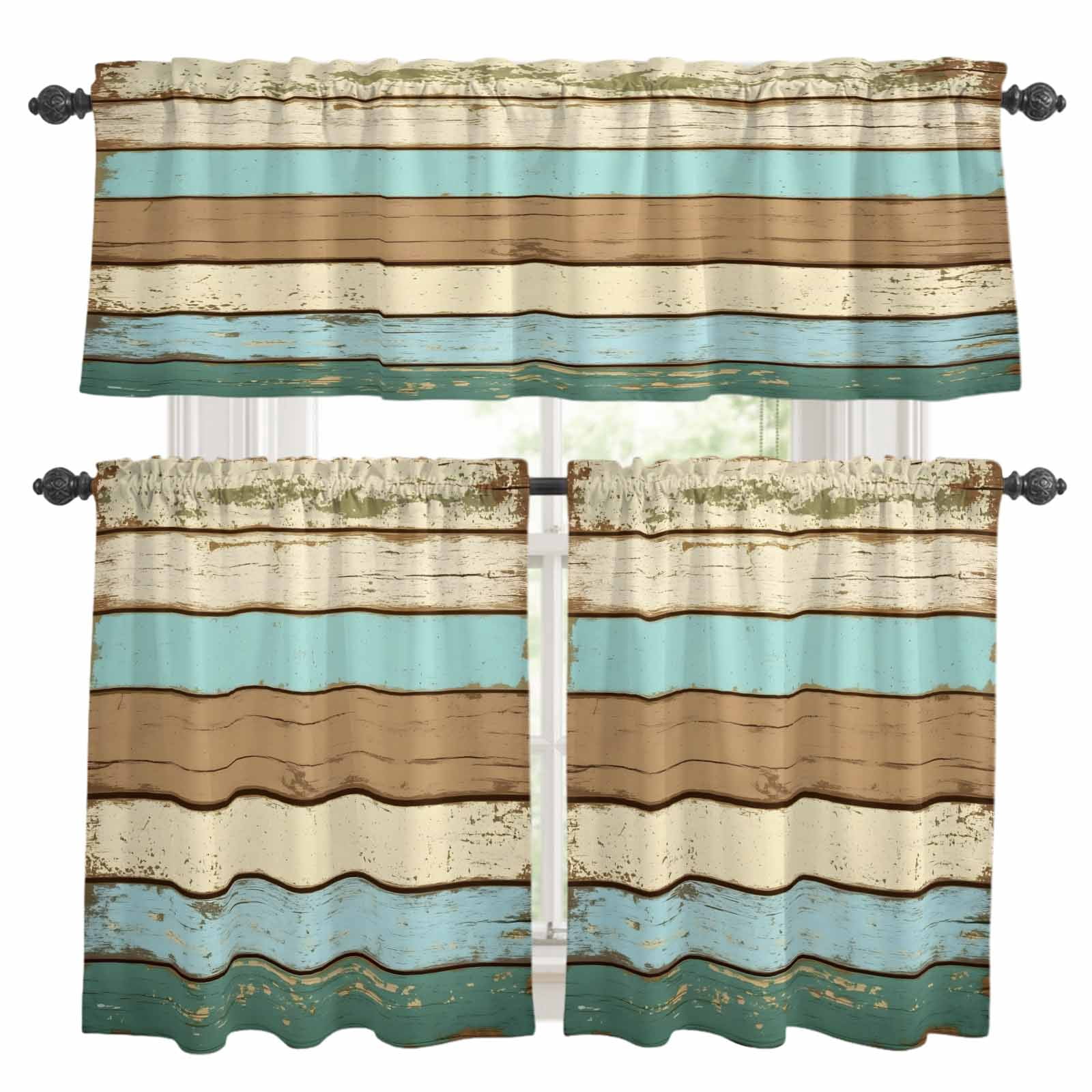 Farmhouse Teal Brown Kitchen Curtains Sets for Windows 24 Inch Length ...