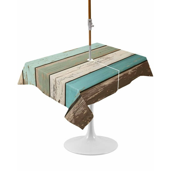 Farmhouse Teal Brown Rectangle Outdoor Tablecloth, Waterproof Table ...