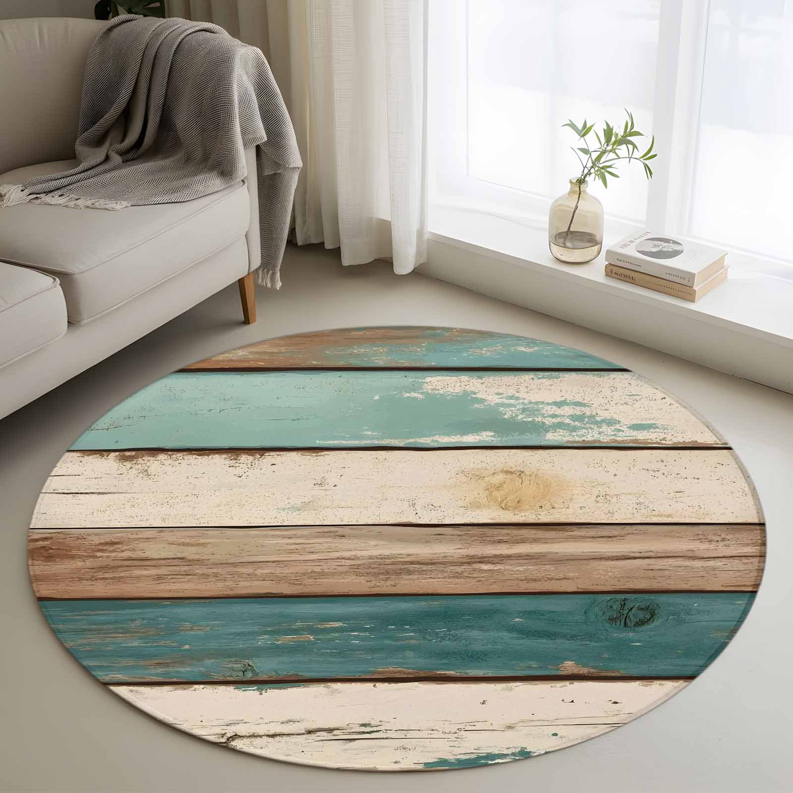 Farmhouse Teal Brown Round Area Rug 4 FT, Non Slip Indoor Outdoor Rug ...