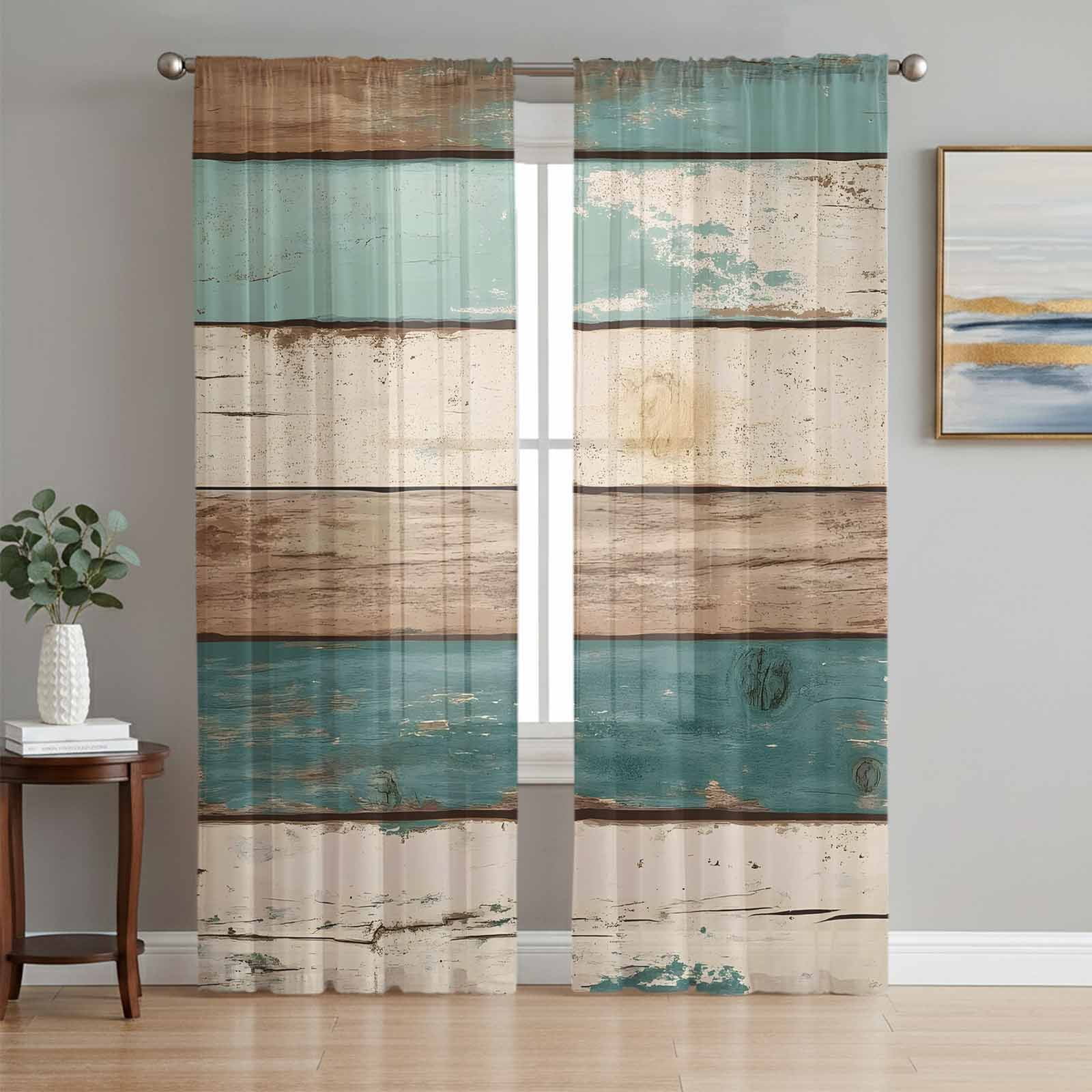 Farmhouse Teal Brown Semi Sheer Curtains 96 Inch Length 2 Panels Set ...