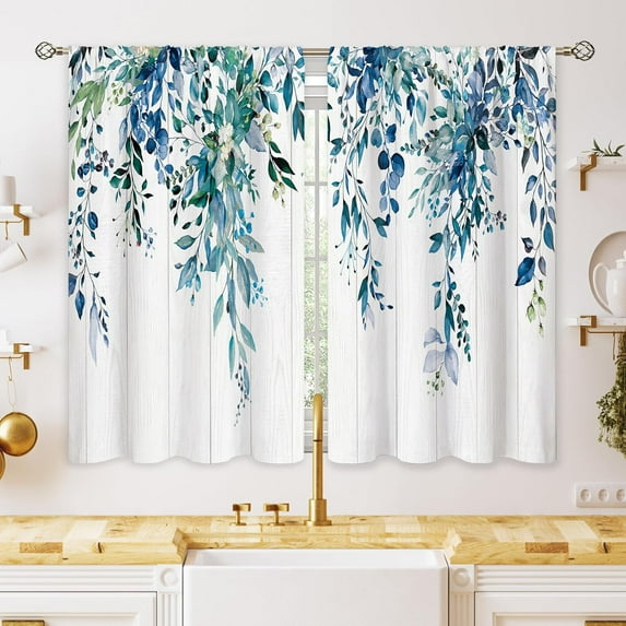 Farmhouse Teal Eucalyptus Small Kitchen Curtains Blue Leaves Window ...