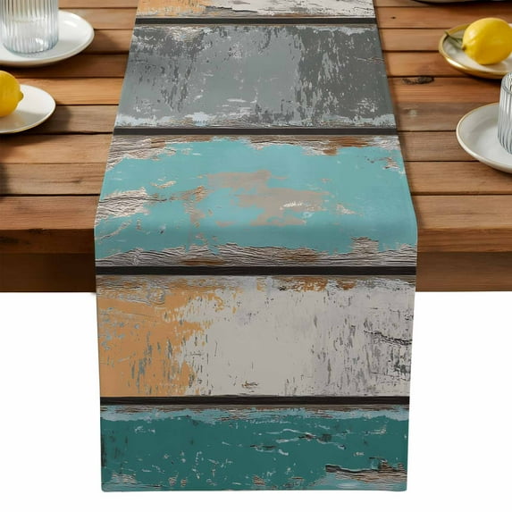 Farmhouse Teal Orange Cotton Linen Table Runner for Dining Kitchen, Country Vintage Wooden ...