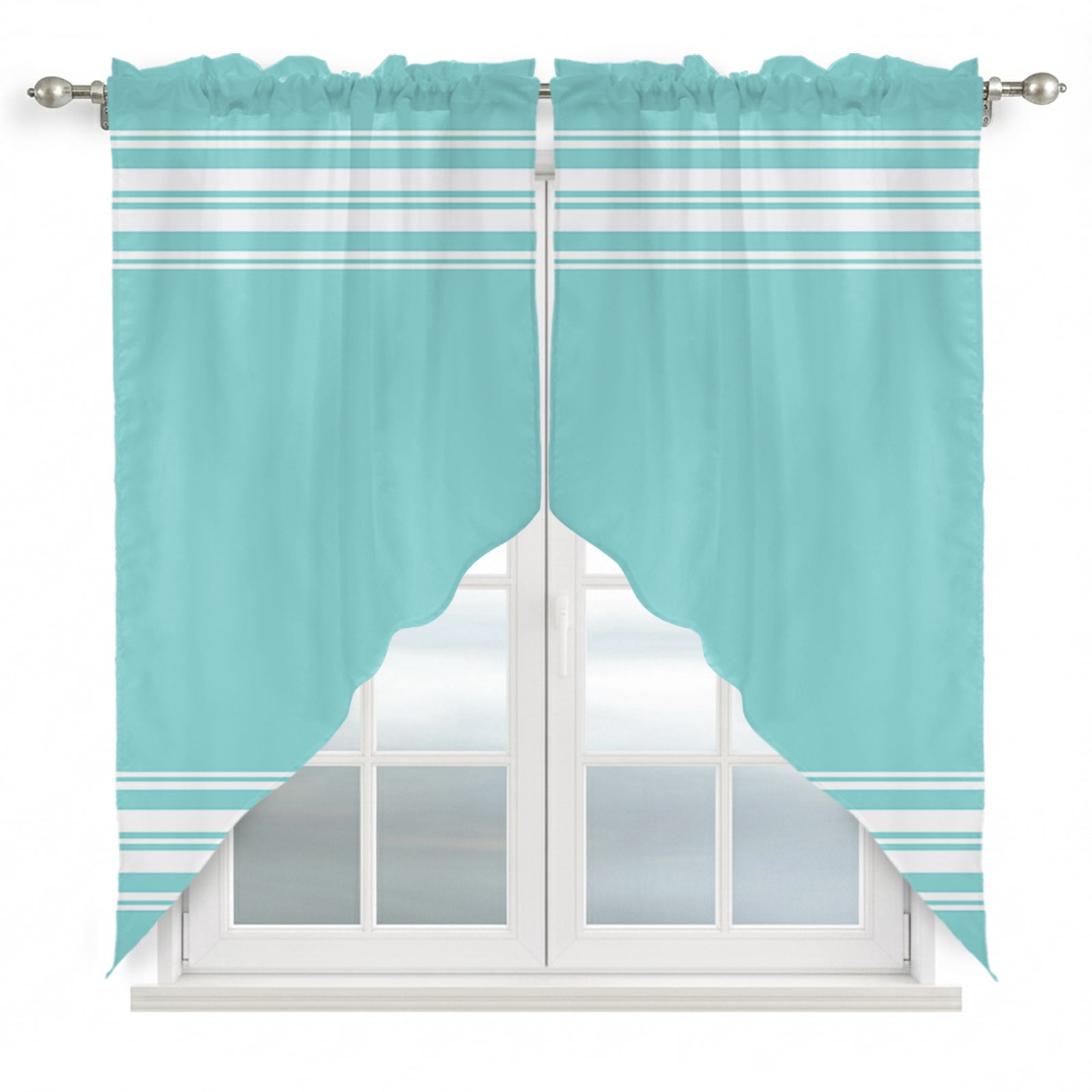 Farmhouse Teal Swag Valances for Windows 63 inches Long, White Stripe ...