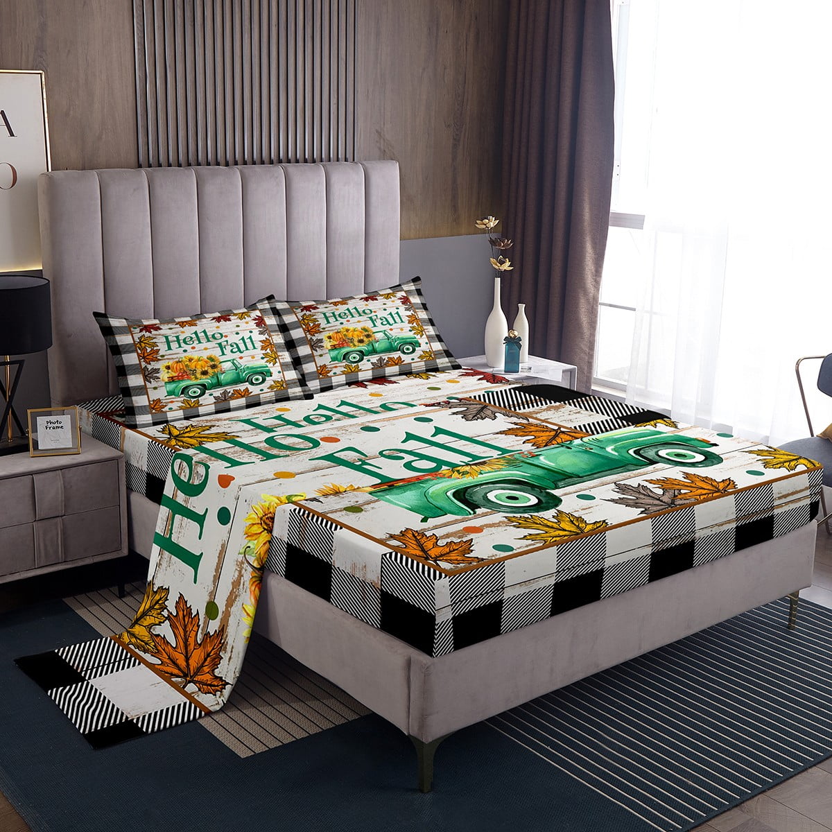 Farmhouse Thanksgiving Bedding Set Full,Fall Pumpkin Truck Sheet Set ...