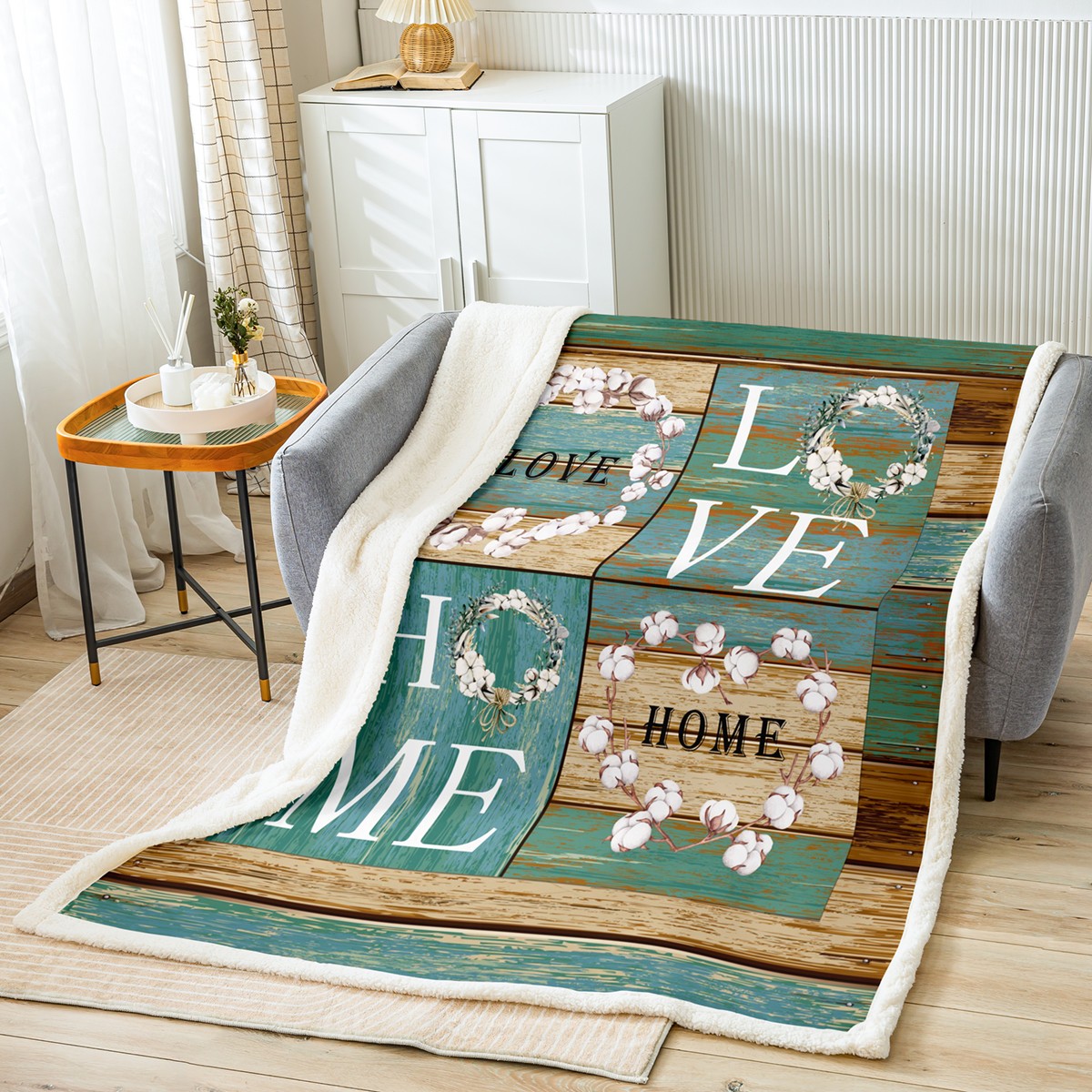 Farmhouse Throw Blanket Rustic Cotton Flower Garland Fleece Blanket ...