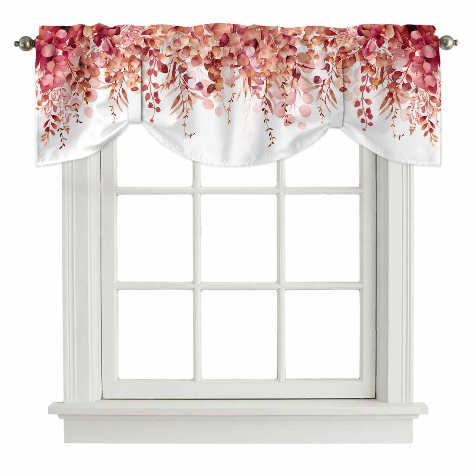 Farmhouse Tie Up Valance for Windows, Watercolor Red Eucalyptus Leaves ...