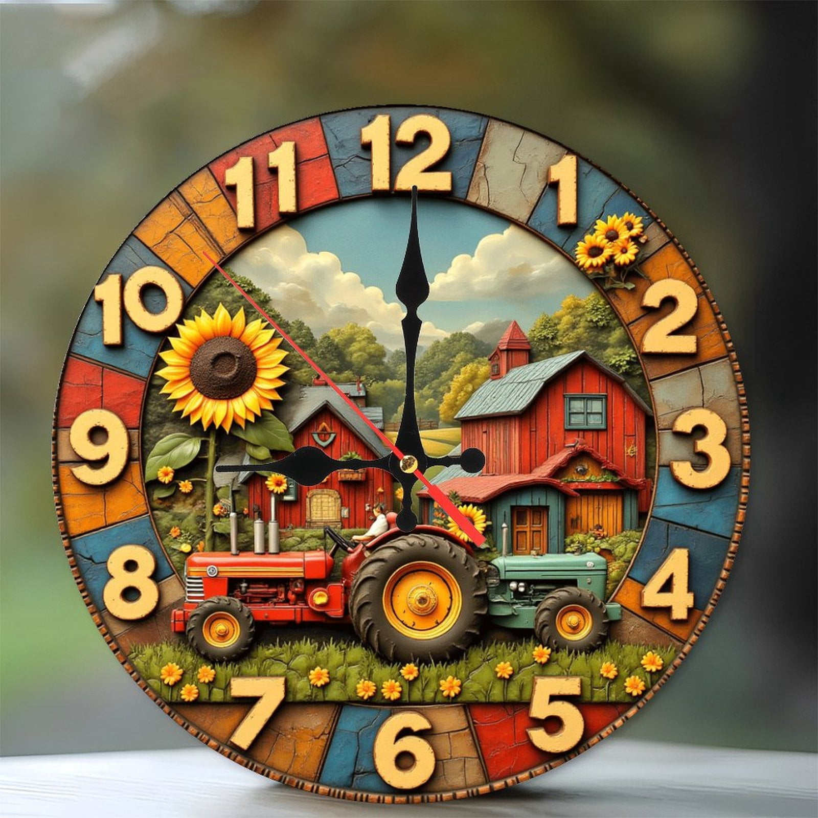Farmhouse Tractor Sunflower Wall Clock 10-Inch Silent Wooden Wall Clock ...
