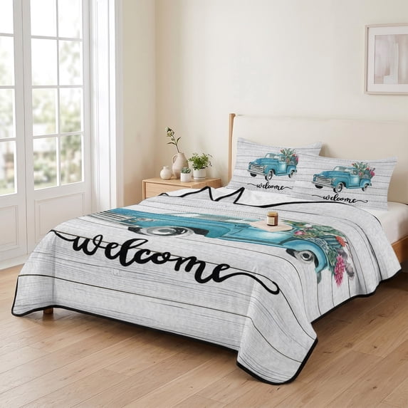 Farmhouse Truck with Cactus 3 Pieces Quilt Set,1 Quilt with 2 Shams ...