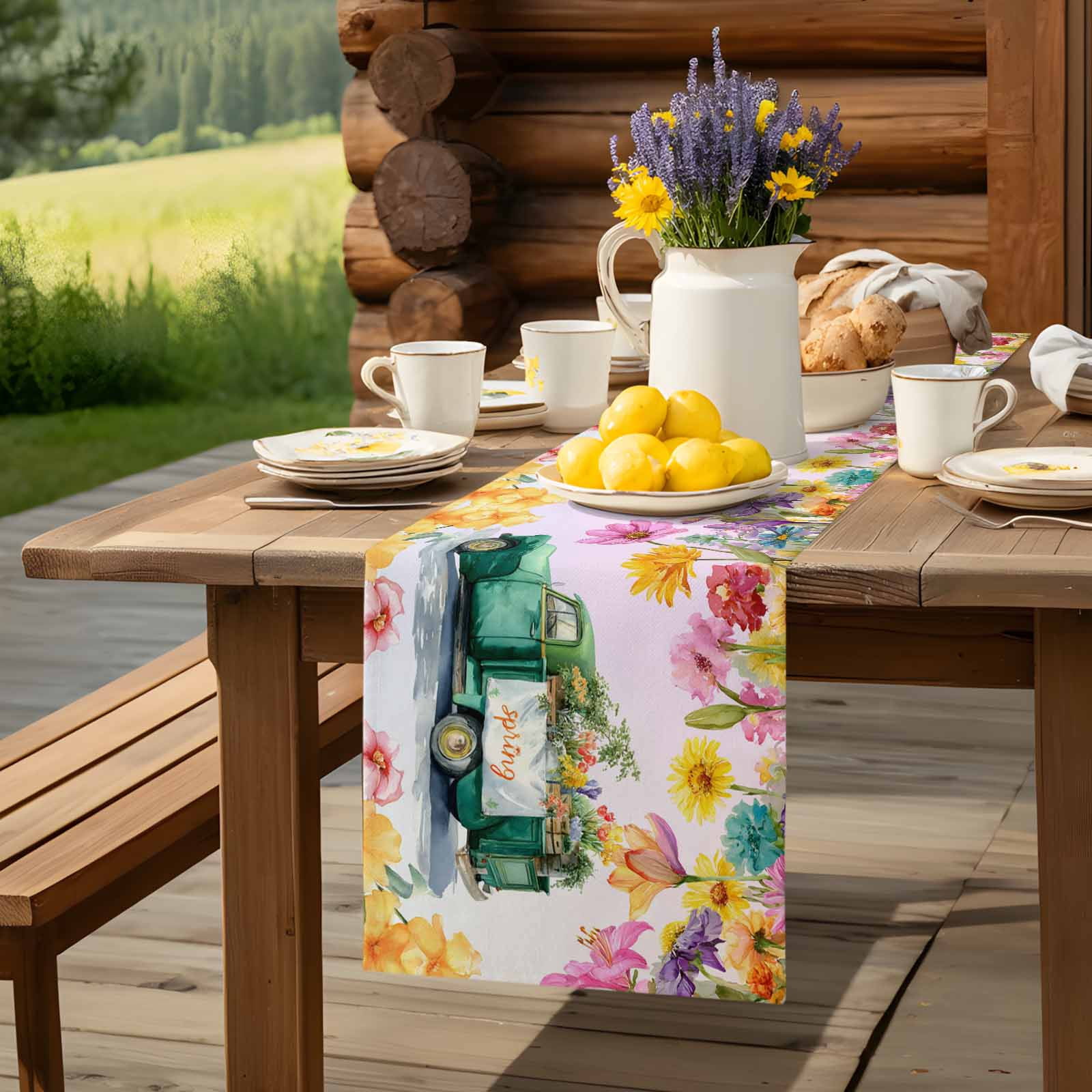 Farmhouse Truck Spring Flower Table Runner 13x72in Non-Slip Cotton ...