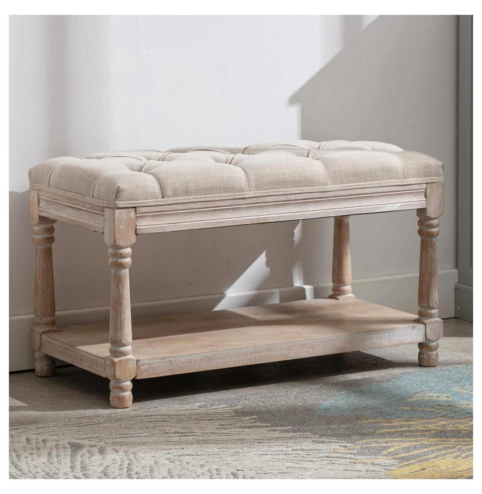 Farmhouse Tufted Storage Ottoman Bench with Shelf, 31.5" Width Linen ...