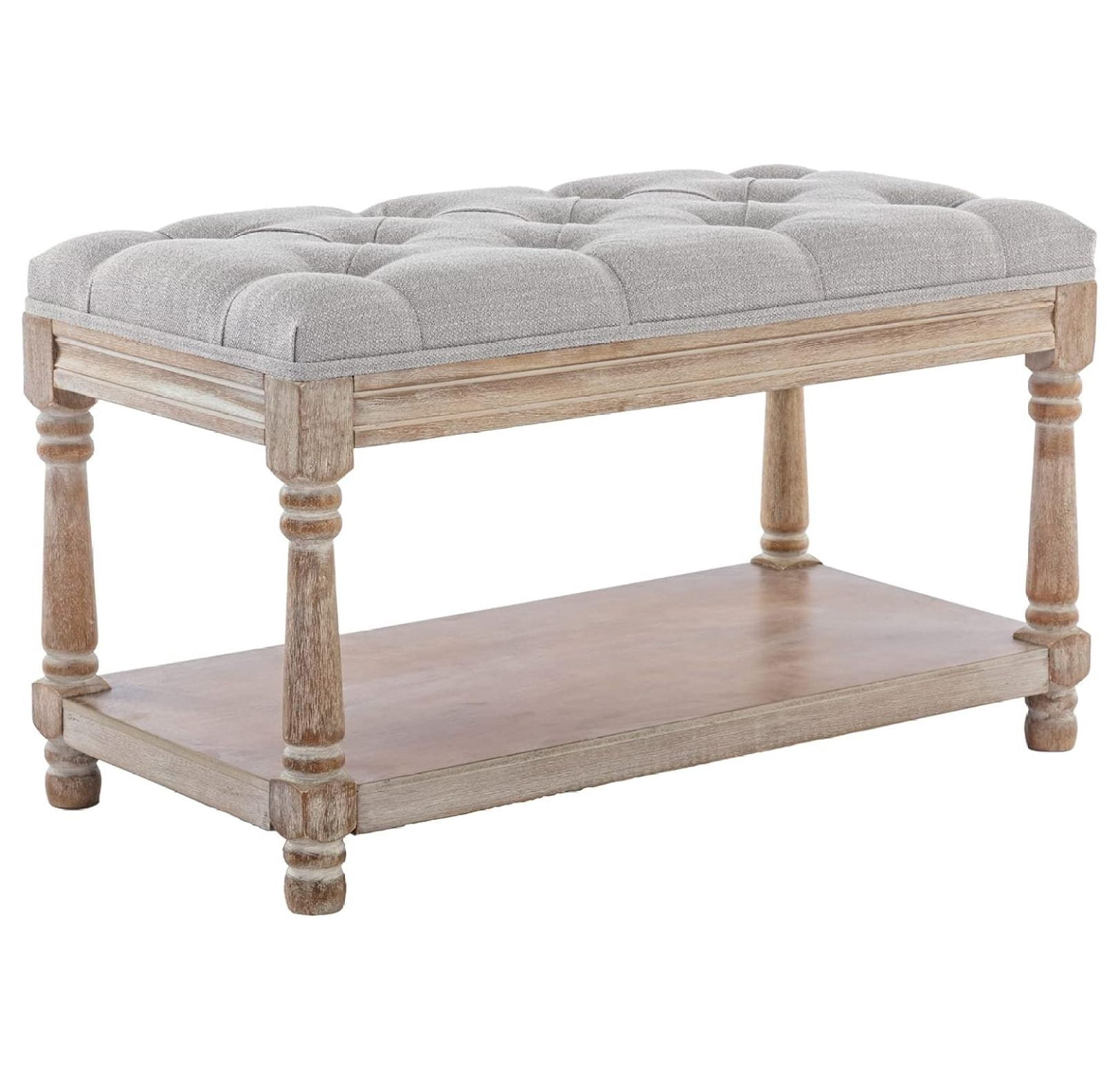 Farmhouse Tufted Storage Ottoman Bench with Shelf, 31.5" Width Linen ...