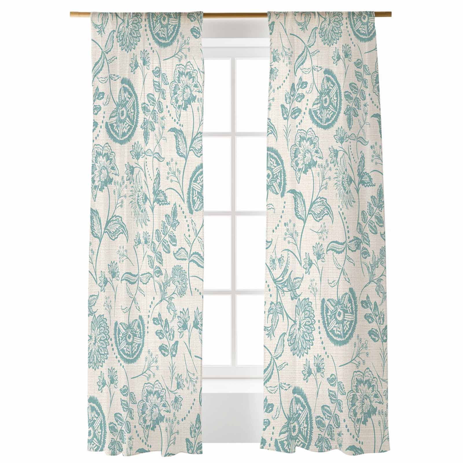 Farmhouse Turquoise Floral Sheer Curtains 108 inches Long 2 Panels Set ...