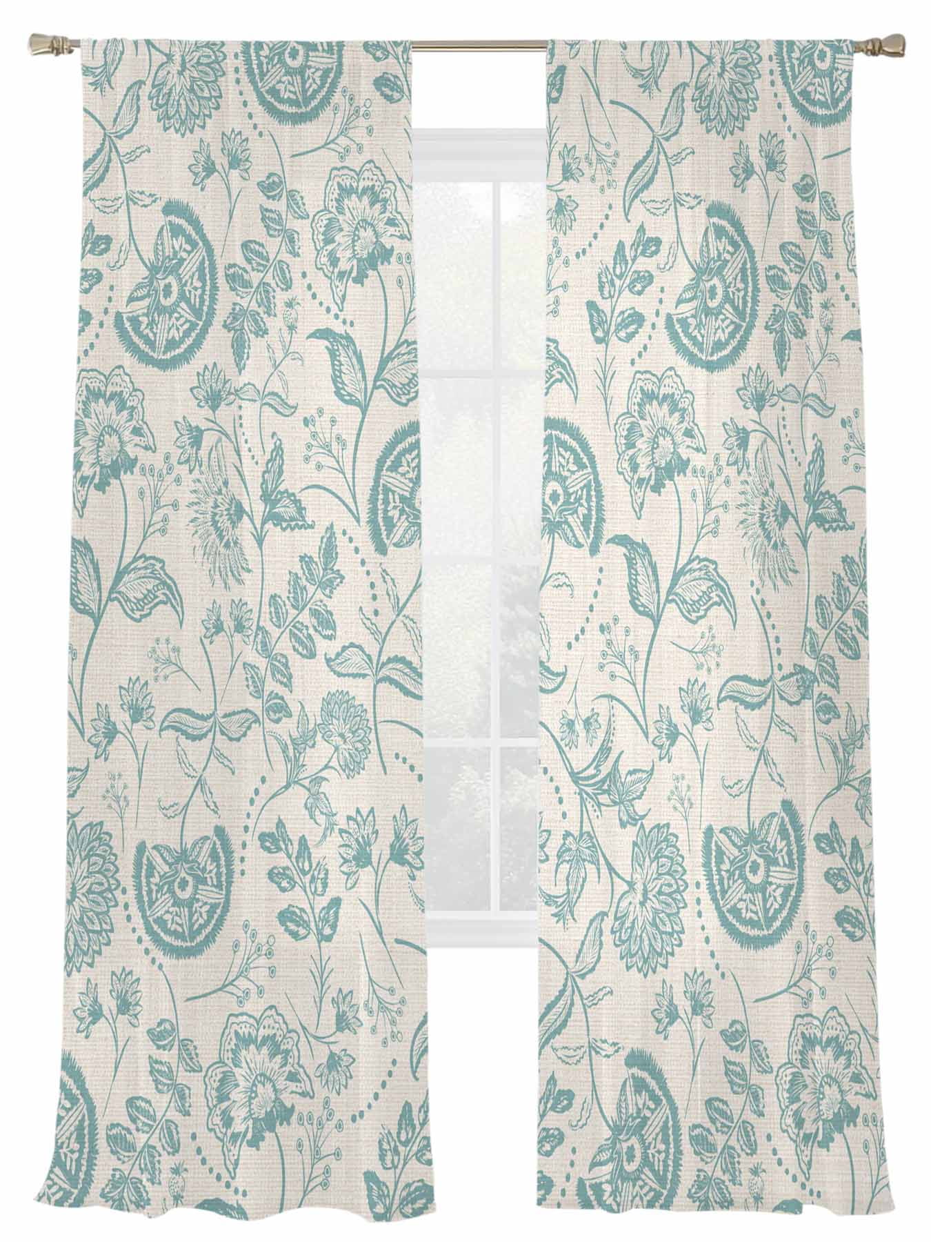 Farmhouse Turquoise Floral Sheer Curtains 2 Panels Set Linen Boho ...