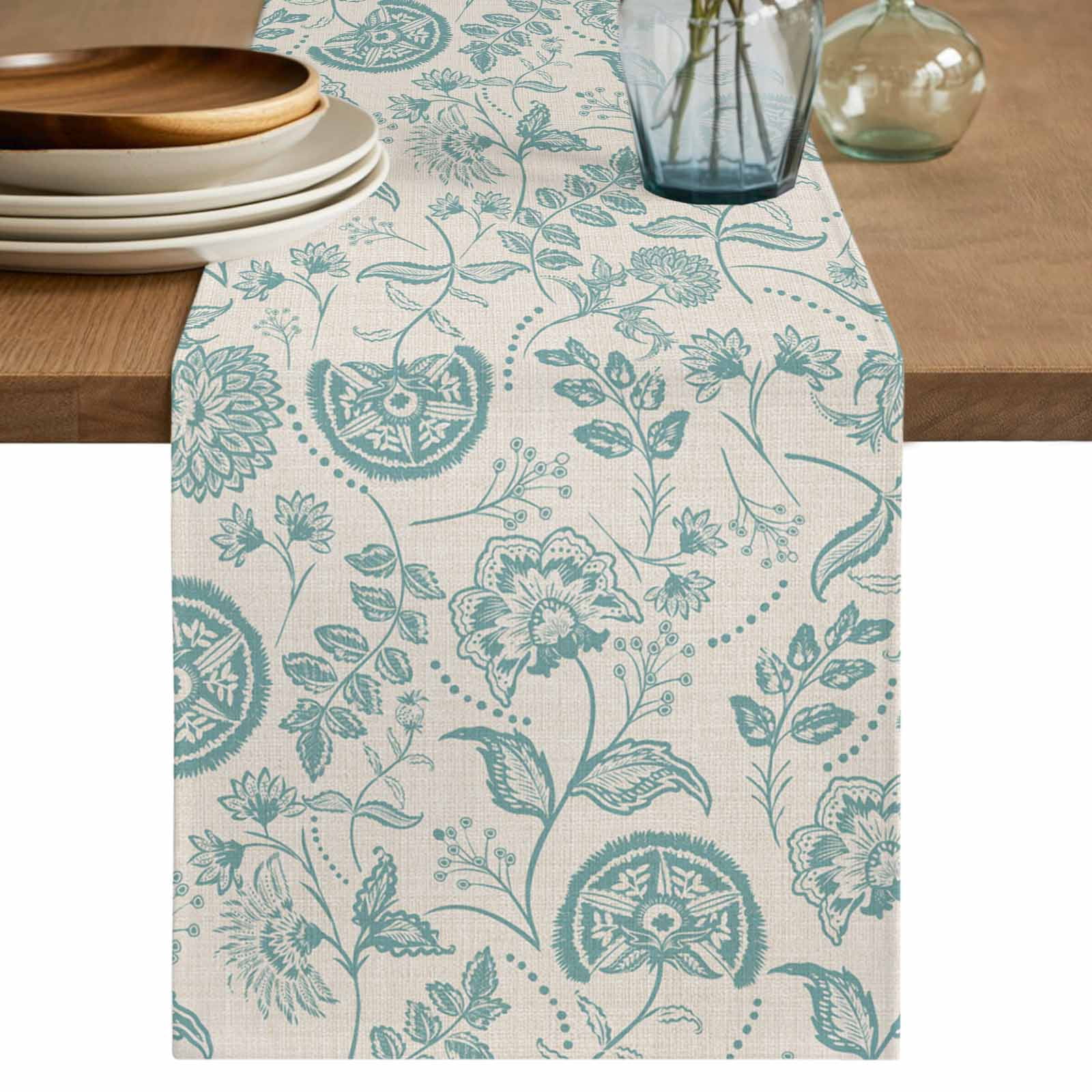Farmhouse Turquoise Floral Table Runner, Linen Boho Paisley Flower ...