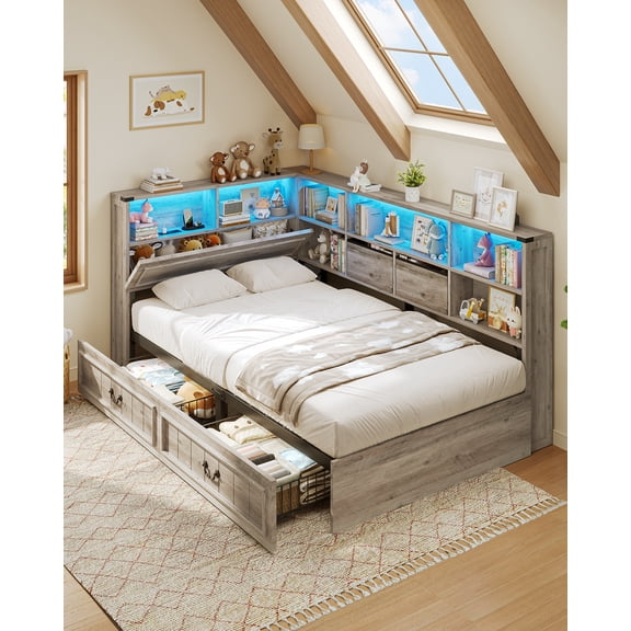 Twin Daybed With Bookcase & Charging Station, Corner Bed Frame With LED ...