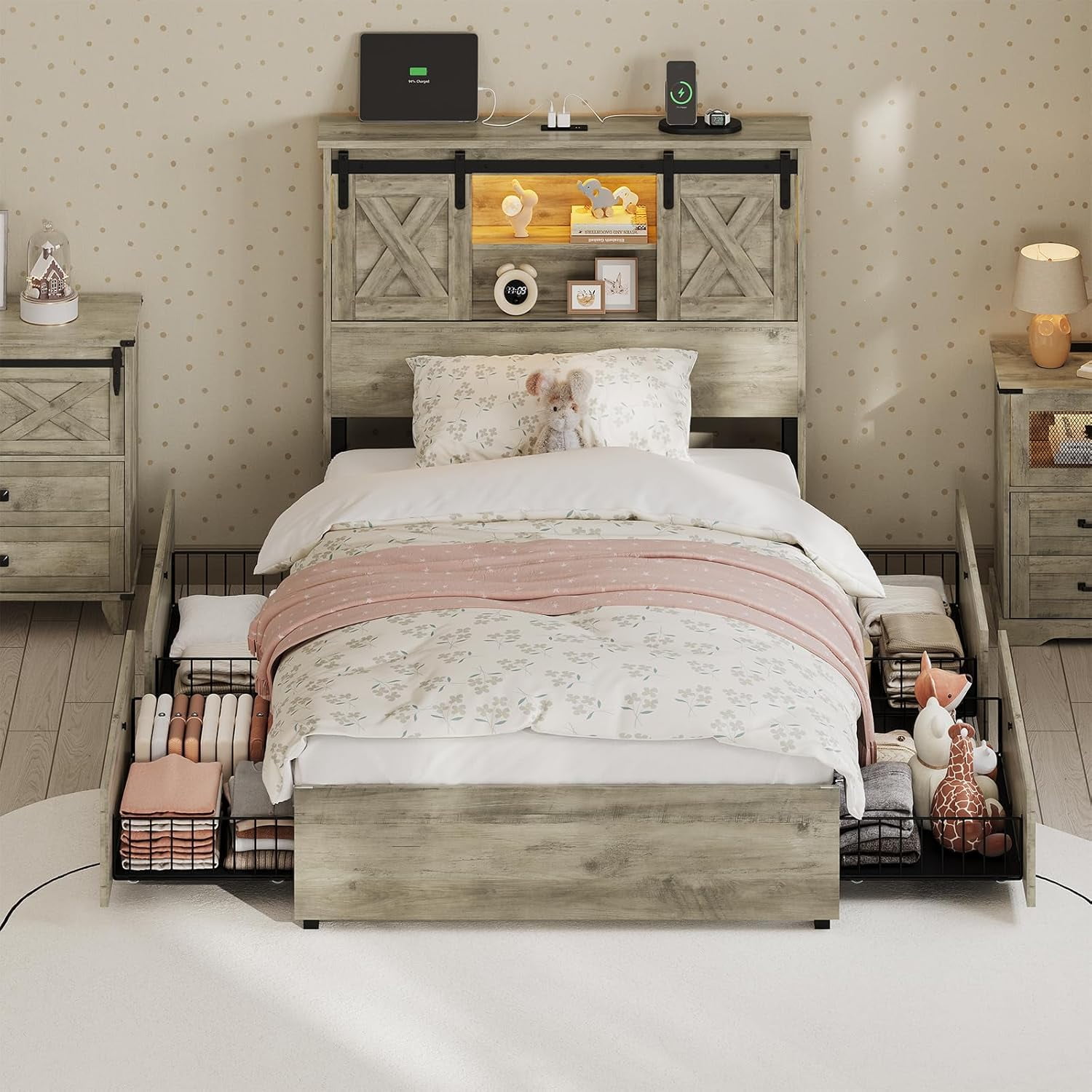 Farmhouse Twin Size Bed Frame with Charging Station & LED Lights,Wooden ...