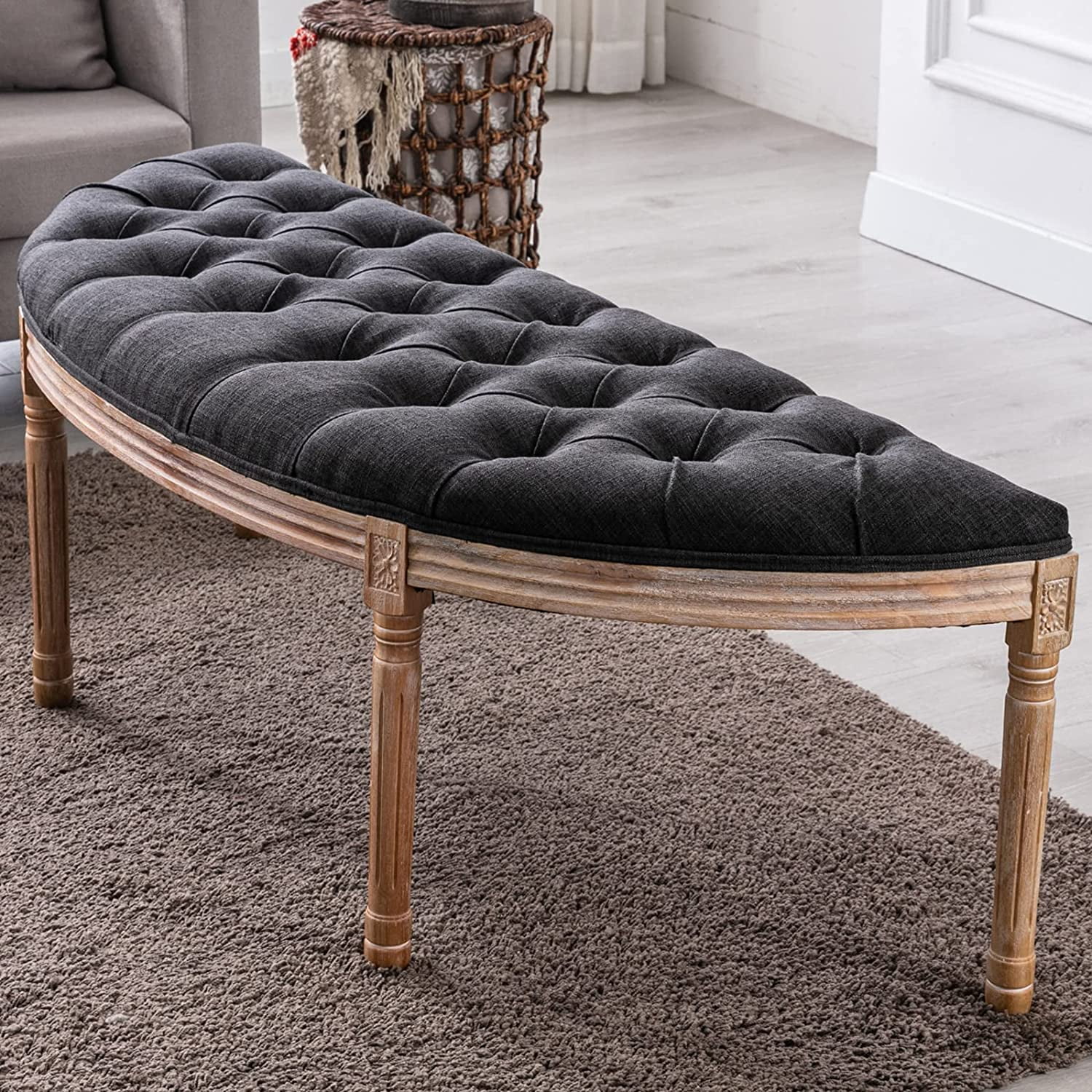 Farmhouse Upholstered Tufted Bench Wooden Half Moon Entryway Ottoman ...
